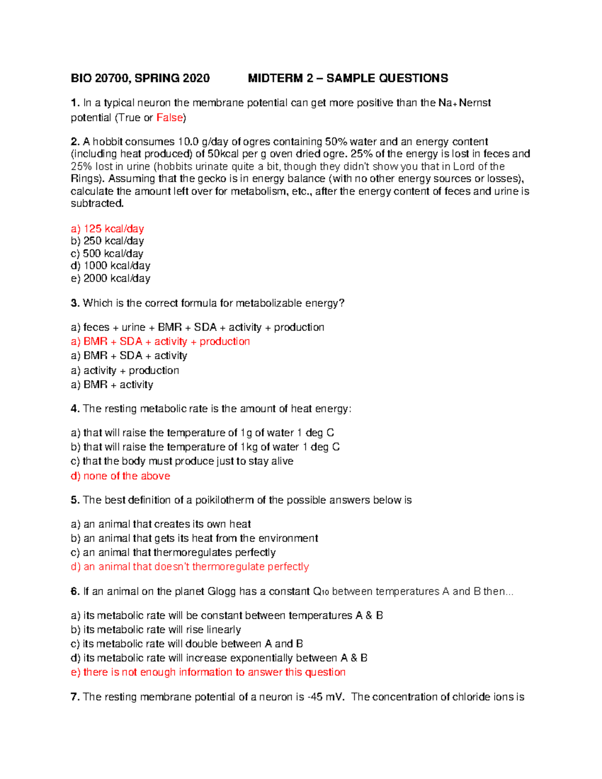 Midterm 2 practice Sp20 w ans - BIO 20700, SPRING 2020 MIDTERM 2 – SAMPLE QUESTIONS In a typical ...