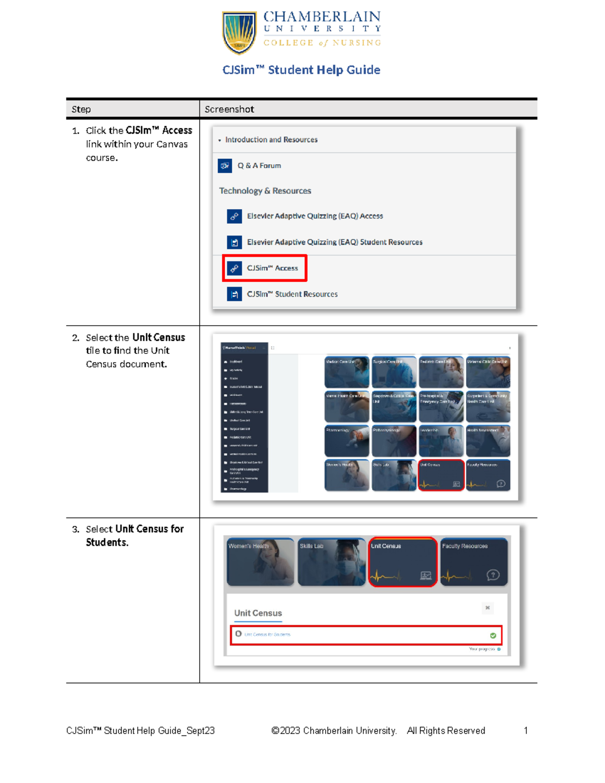 CJSim Student Help Guide - Step Screenshot 1. Click the CJSim™ Access link within your Canvas ...