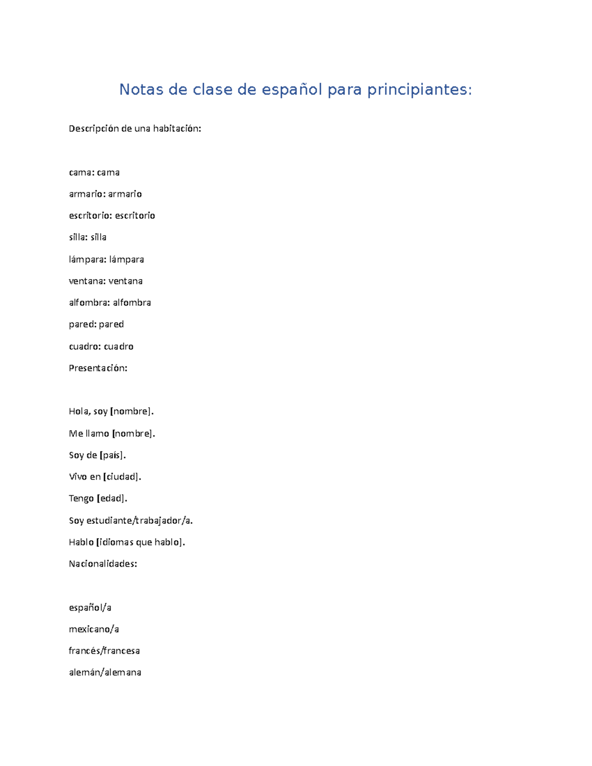 Notas de clase de español para principiantes - Notas de clase de ...