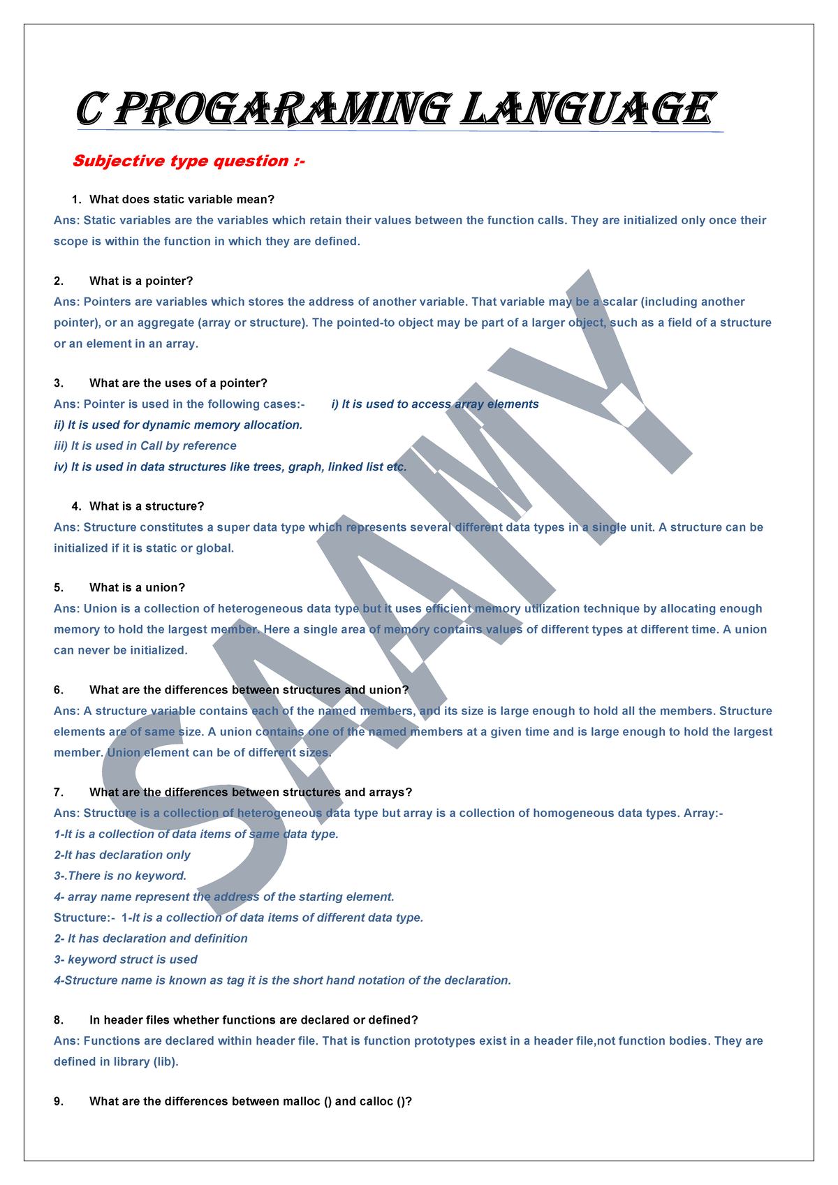 C programing langauge 1 - C progaraming language Subjective type question :- What does static ...