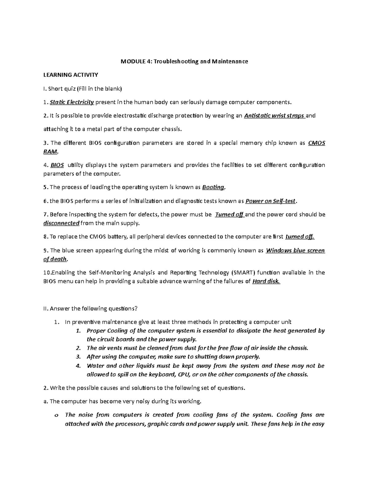 Module 4 - TROUBLESHOOTING AND MAINTENANCE A working computer system ...