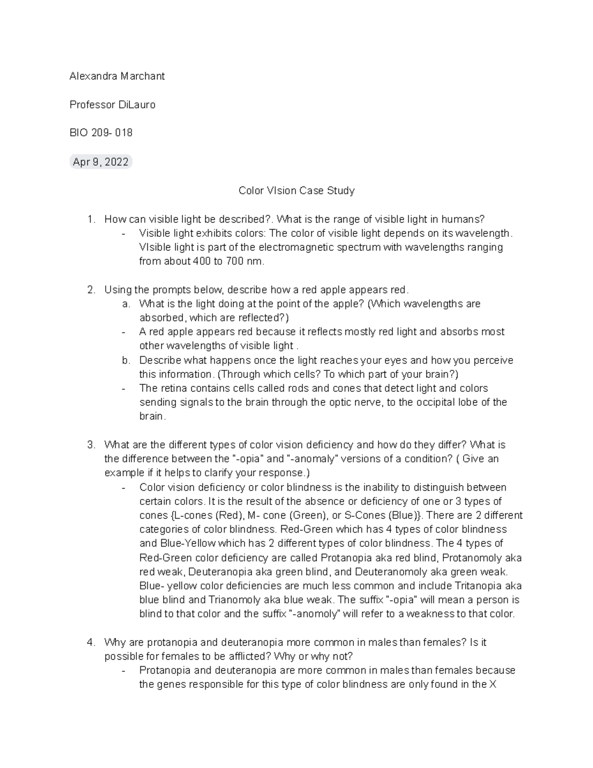 Color Vision Case Study - Alexandra Marchant Professor DiLauro BIO 209 ...