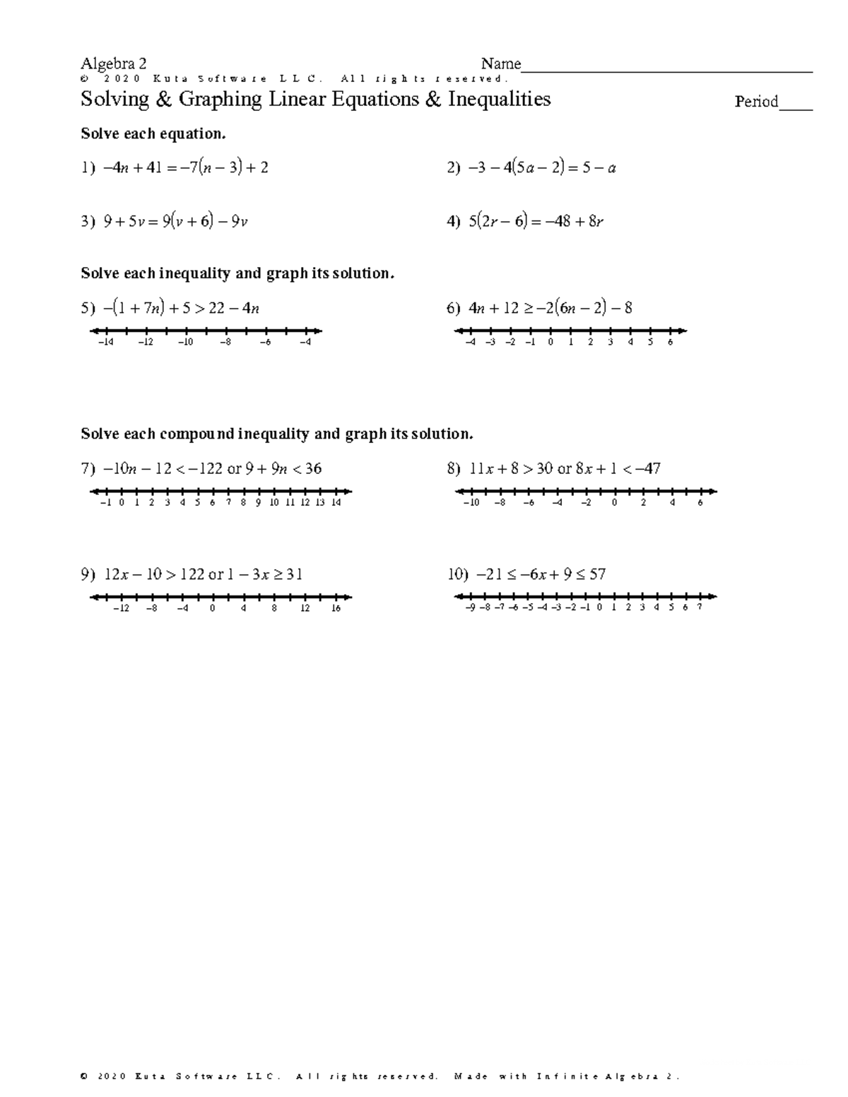 HW Solving & Graphing Linear Equations & Inequalities - ©K i 2 \ 0 z 2 ...