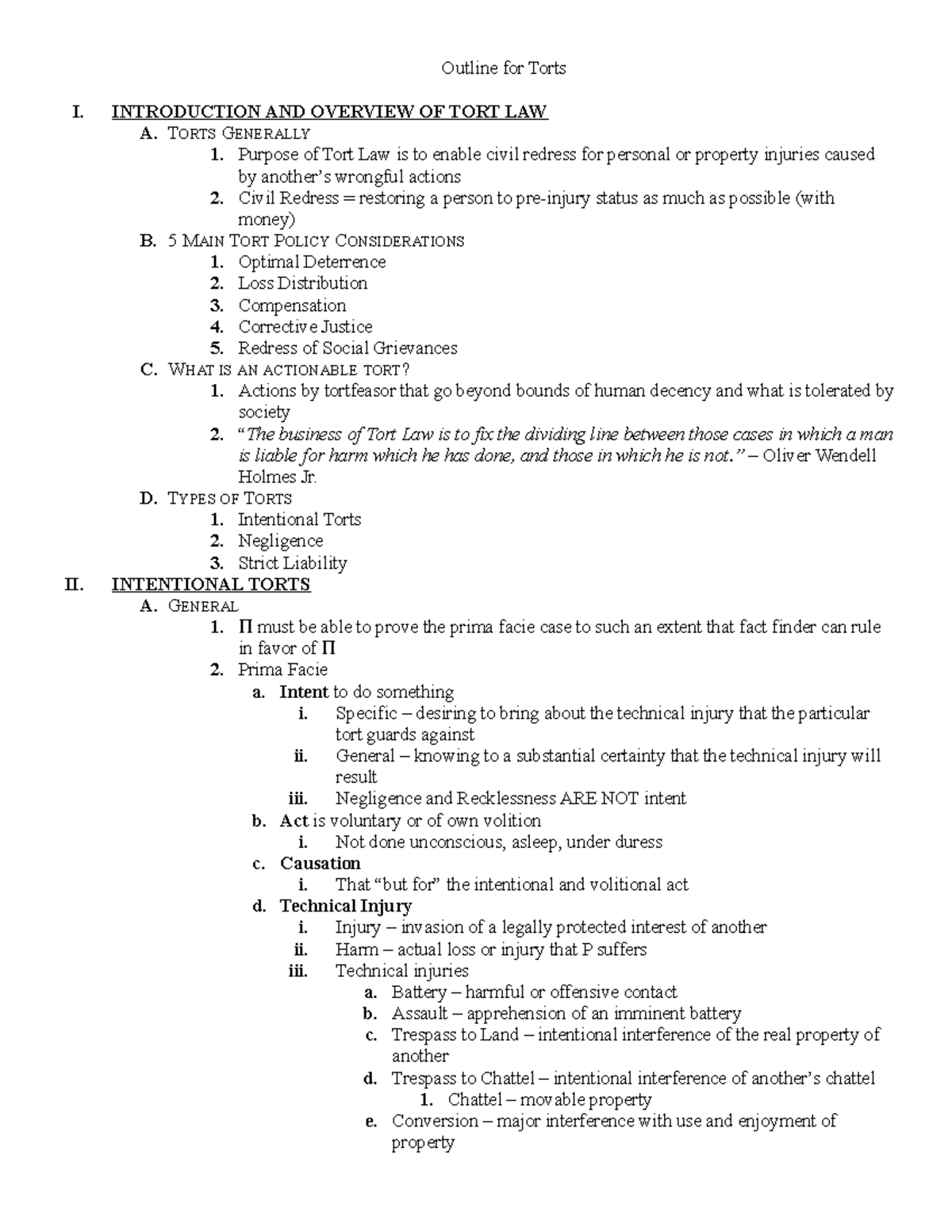 Duncan Torts Outline - Outline for Torts I. INTRODUCTION AND OVERVIEW ...