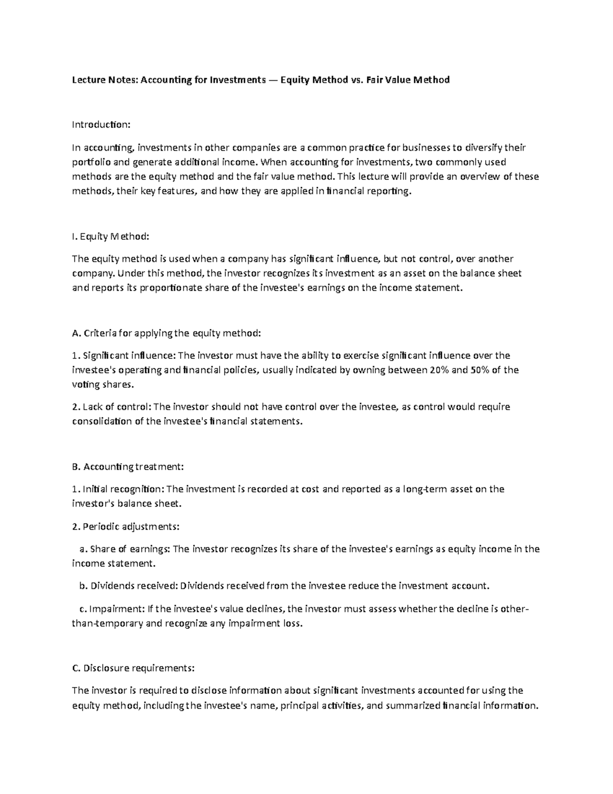 Lecture Notes: Accounting for Investments — Equity Method vs. Fair ...