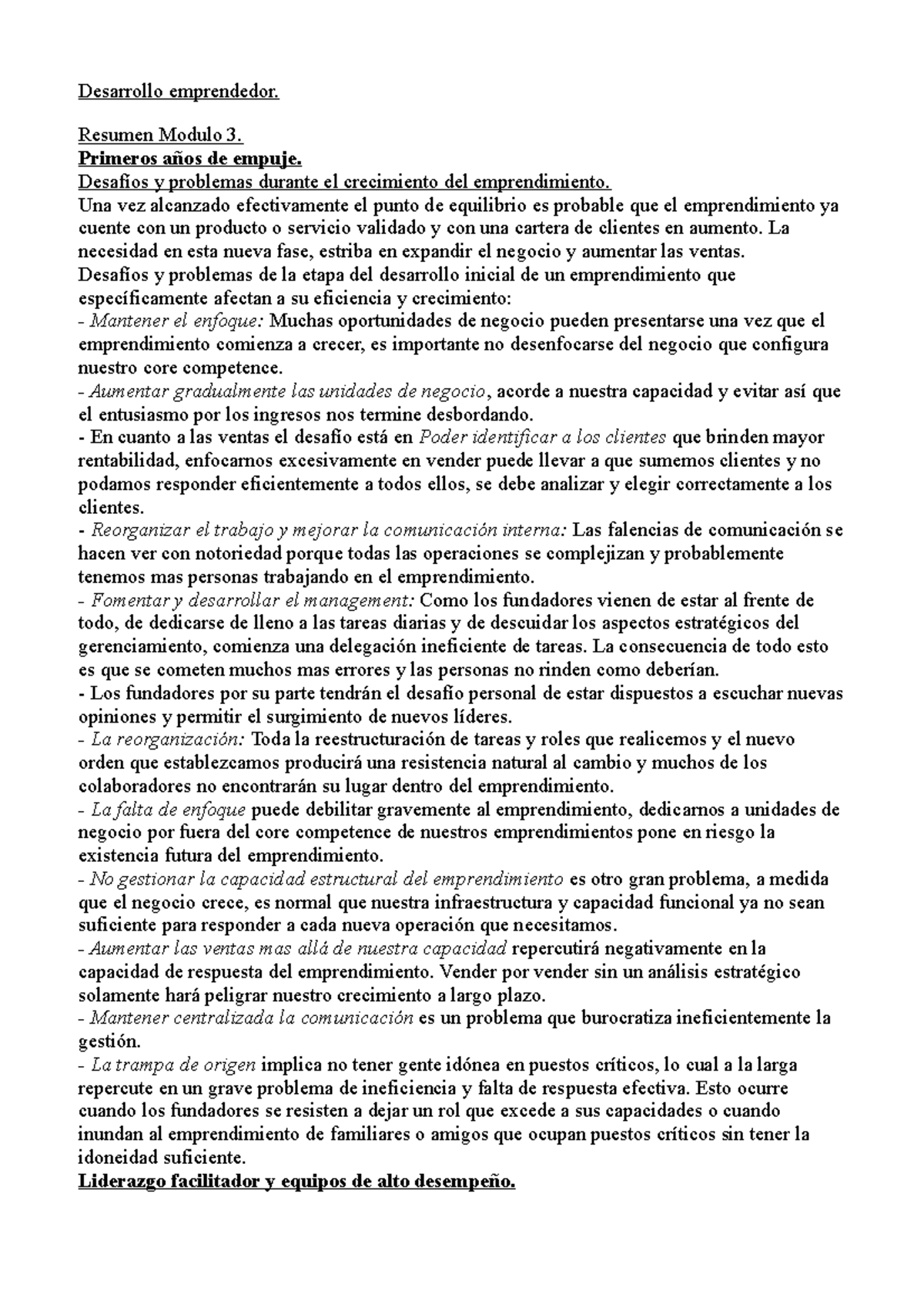 Resumen Modulo 3 Desarrollo emprendedor - Desarrollo emprendedor. Resumen Modulo 3. Primeros ...