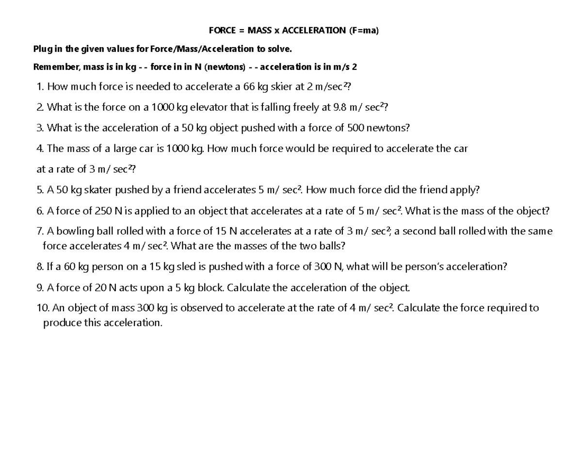 Force, Acceleration AND MASS Worksheet - FORCE = MASS x ACCELERATION (F ...