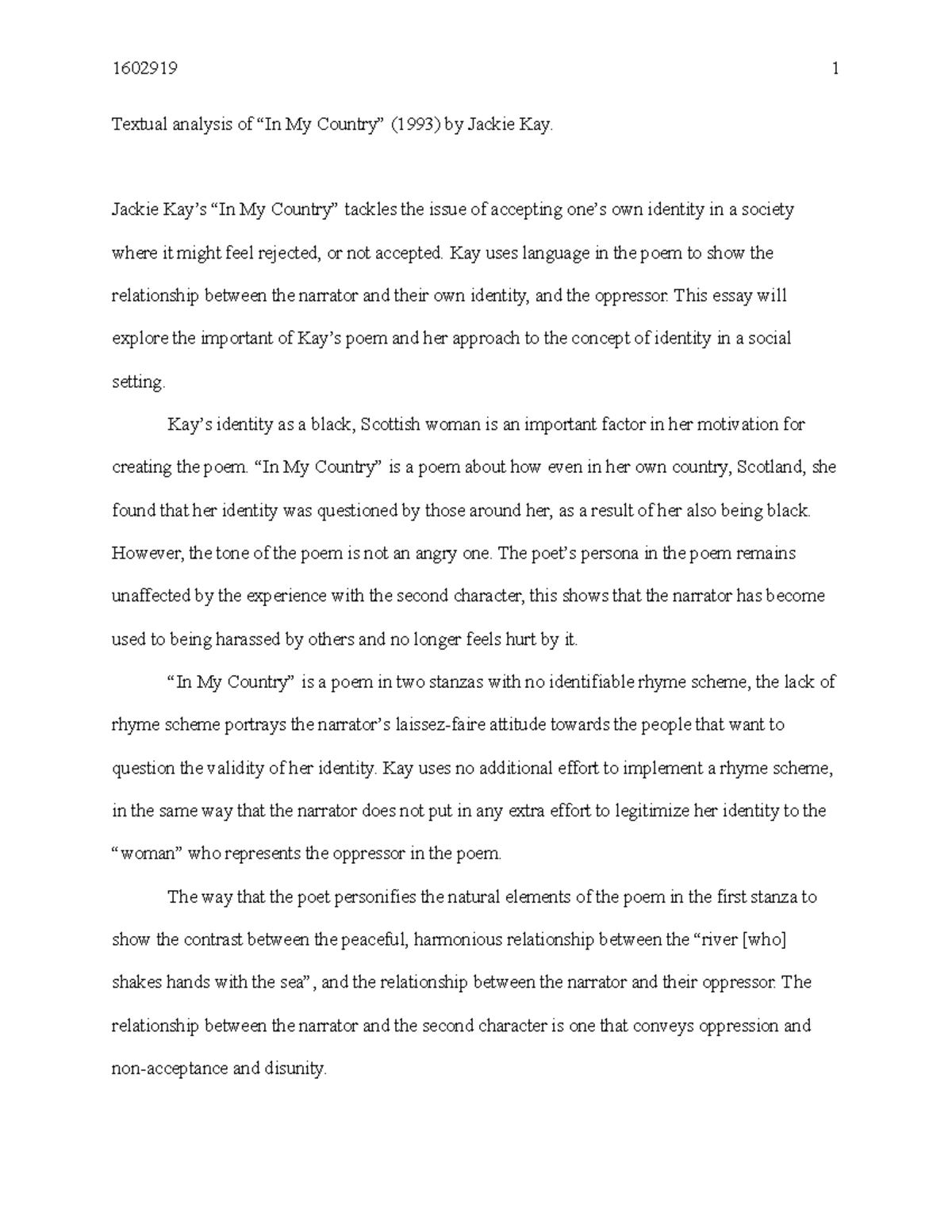 Textual Analysis - 1602919 Textual analysis of “In My Country” (1993 ...