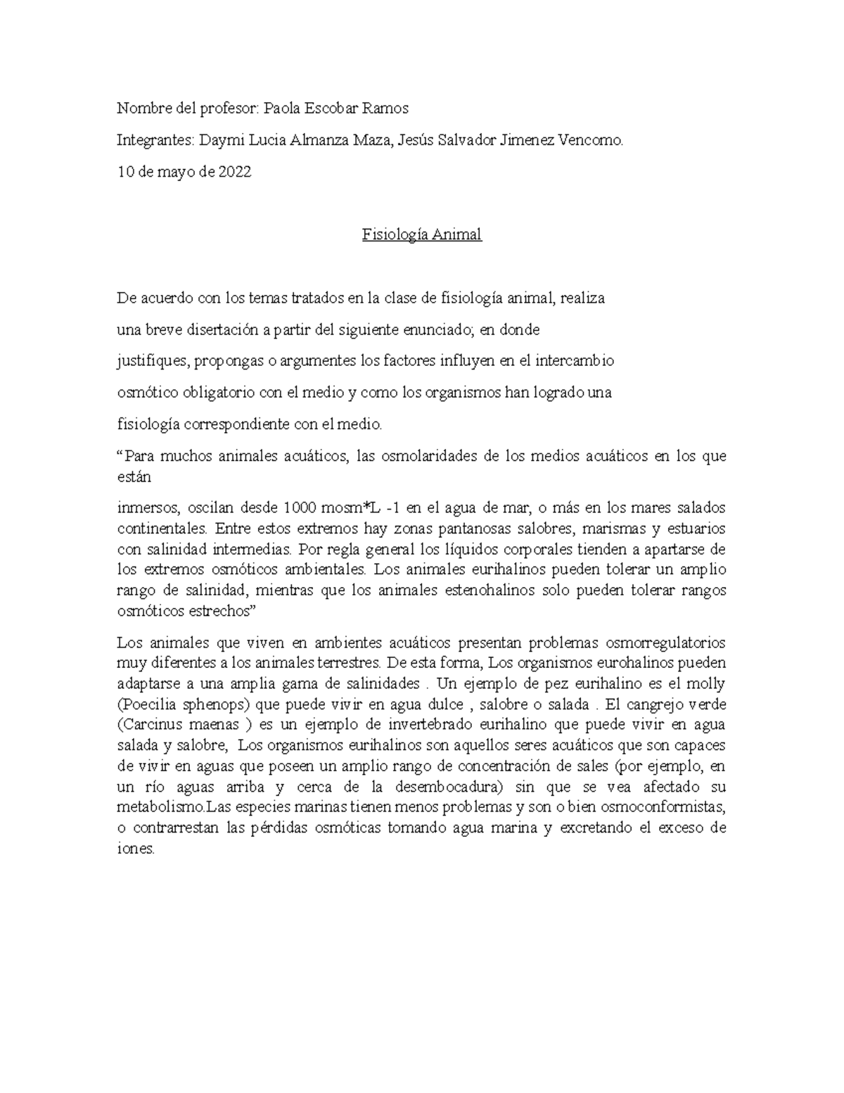 Fisiologia animal - Nombre del profesor: Paola Escobar Ramos ...