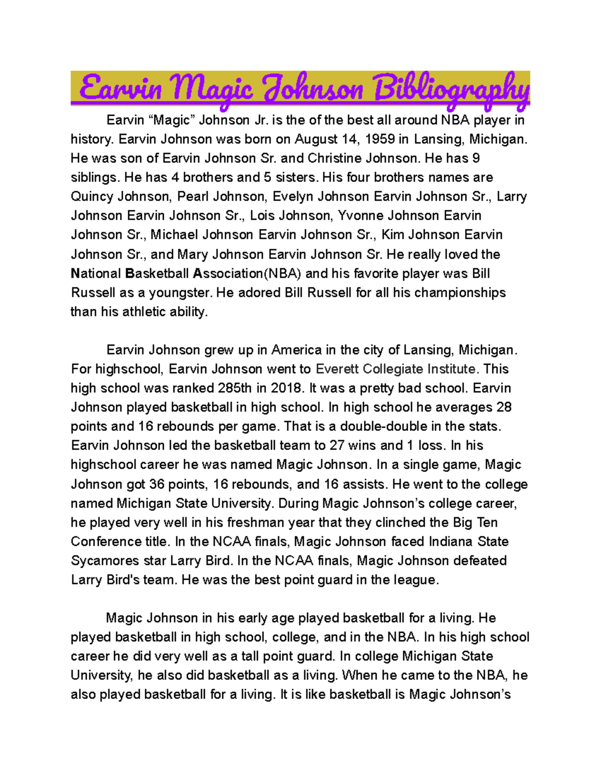 Magic Johnson Biography - Earvi Magi Johnso Bibliograph Earvin “Magic ...