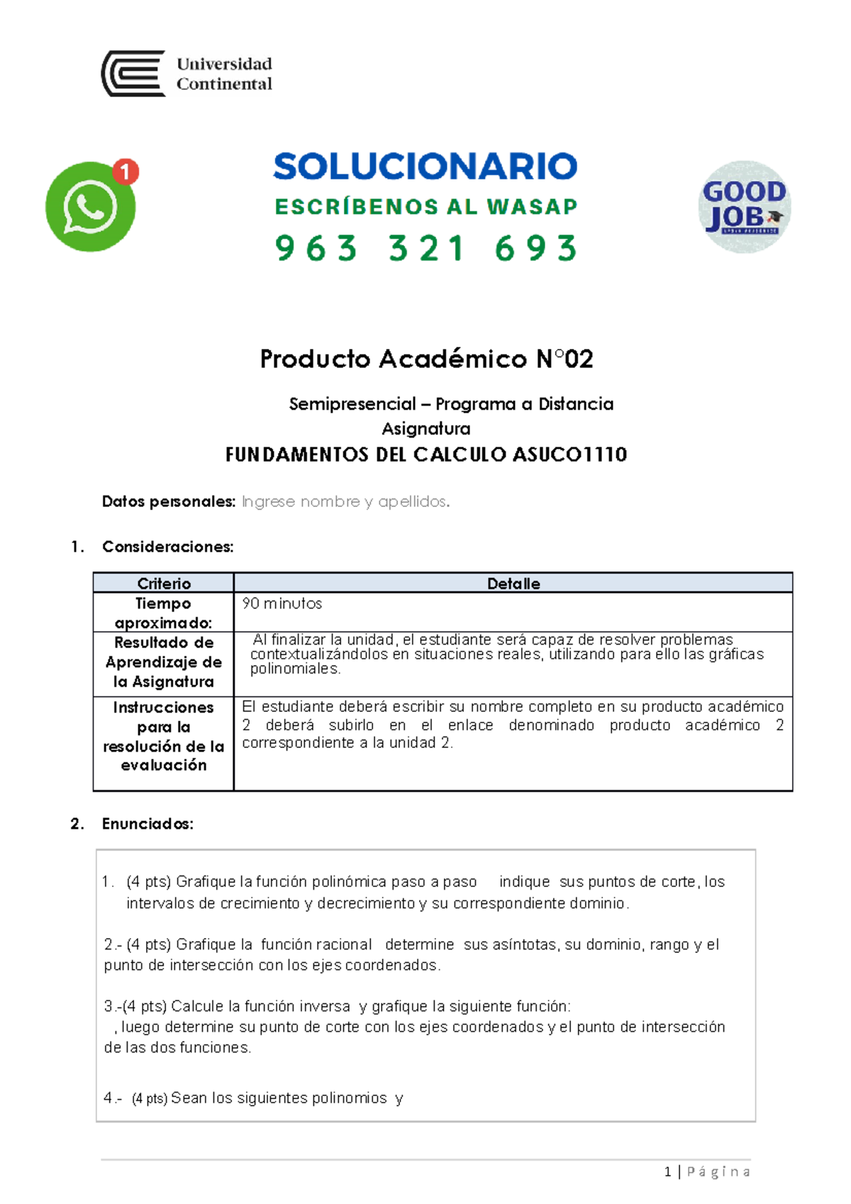 PA2 Fundamentos DE Calculo VV1 - Producto Académico N° Semipresencial – Programa a Distancia ...