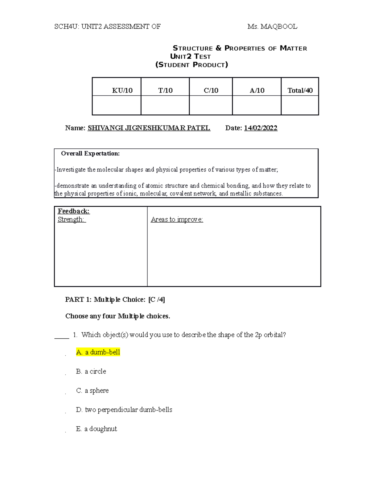 SCH4U U2T - chemistry pratical - STRUCTURE & PROPERTIES OF MATTER UNIT2 ...