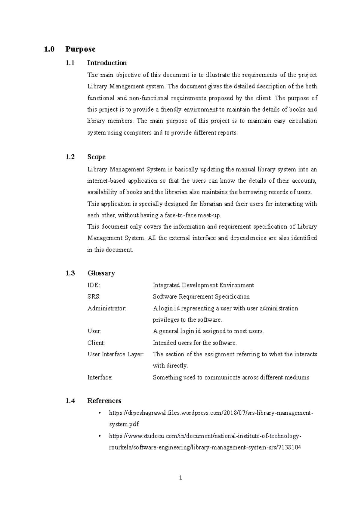 Main - srs project file for library management system - 1 Purpose 1 ...