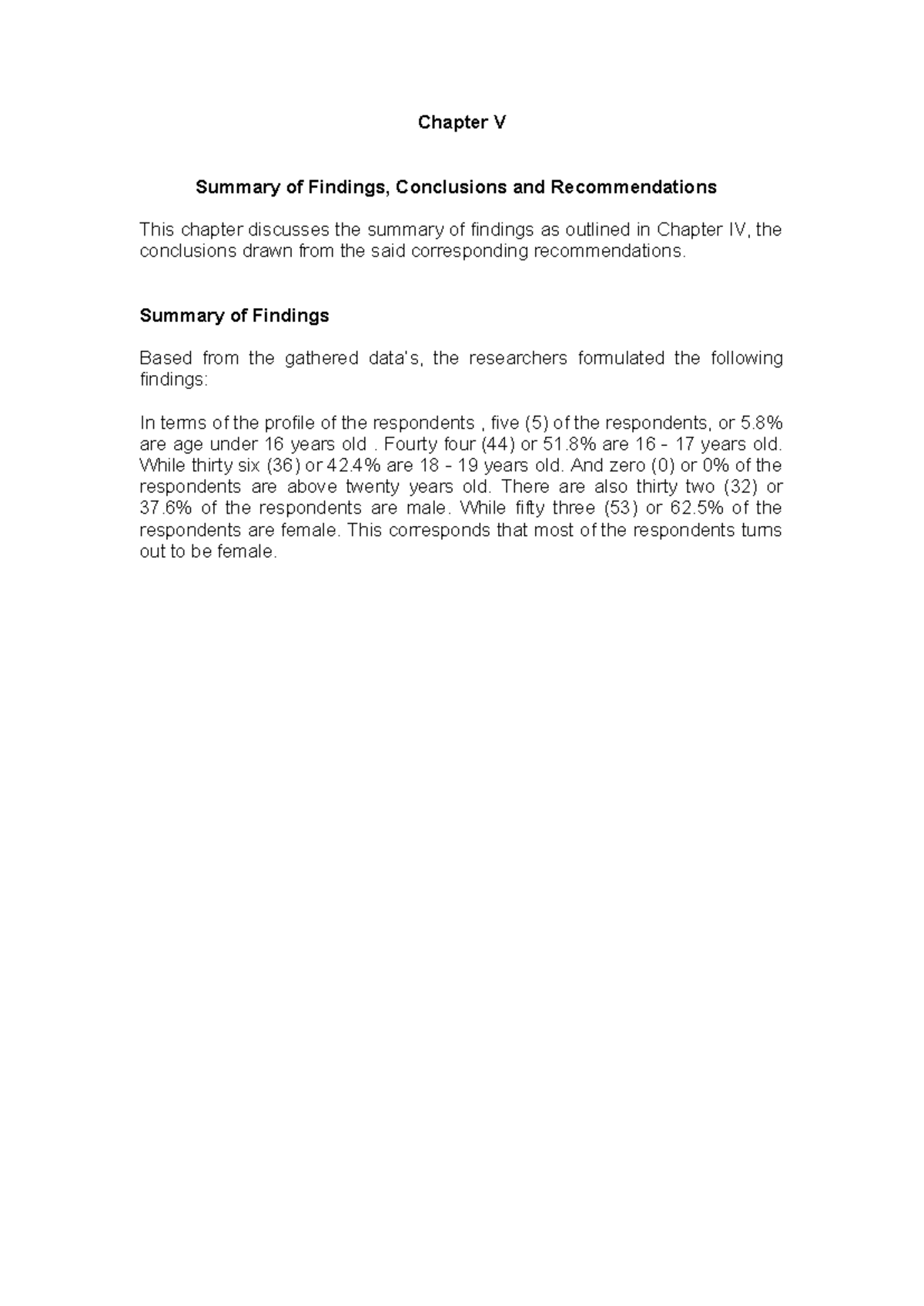Lecture Notes First Year - Chapter V Summary of Findings, Conclusions ...