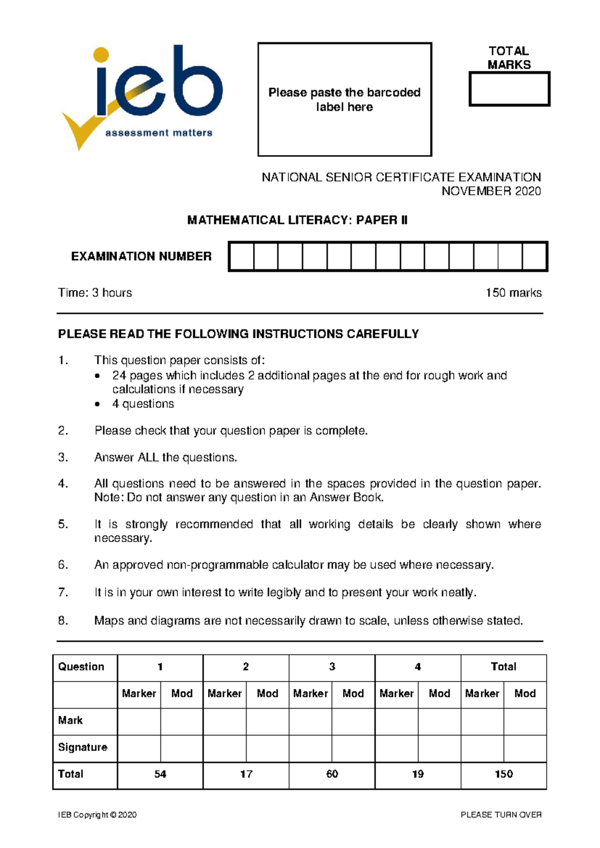 Math Lit 2020 P2 - Past Papers for you - IEB Copyright © 2020 PLEASE TURN OVER Please paste the ...