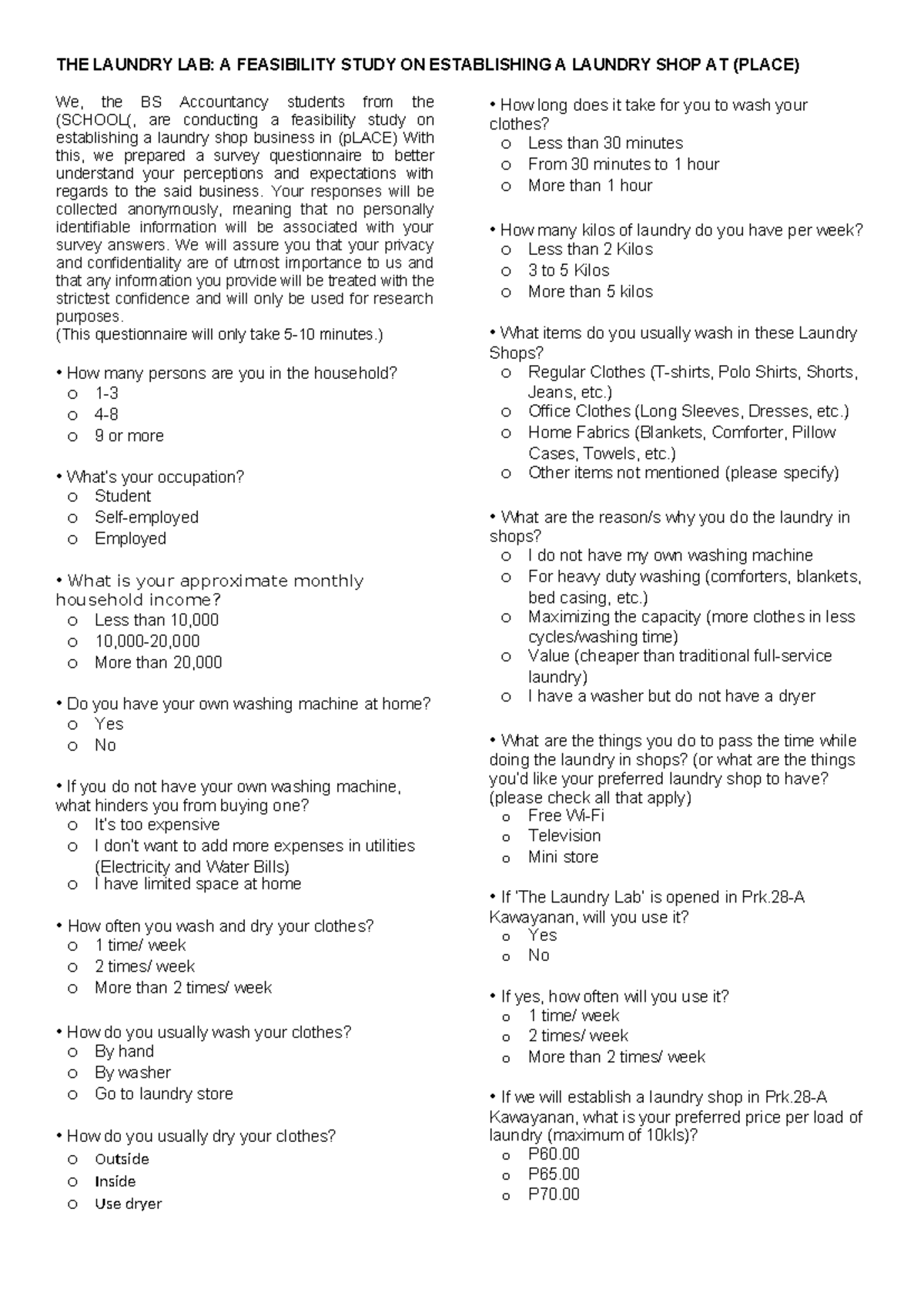 Survey Questionnaire 2 - THE LAUNDRY LAB: A FEASIBILITY STUDY ON ...