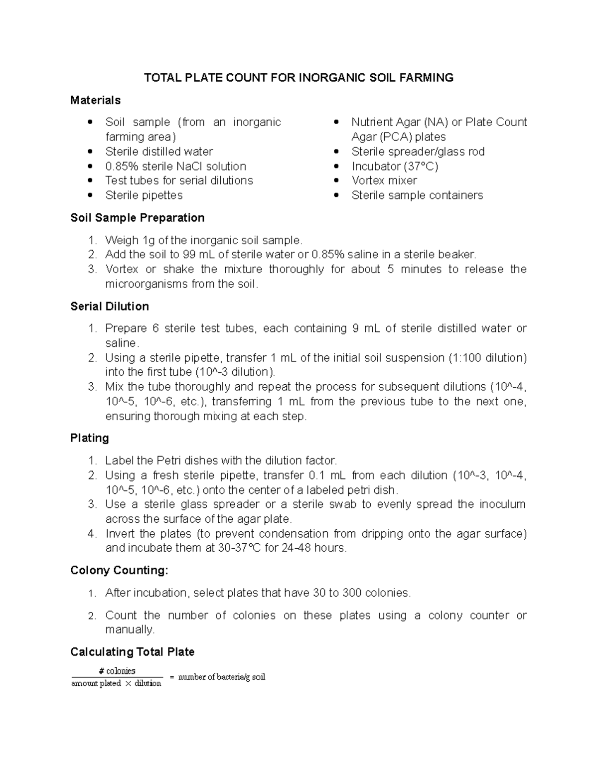 Total Plate Count FOR Inorganic SOIL Farming - TOTAL PLATE COUNT FOR ...