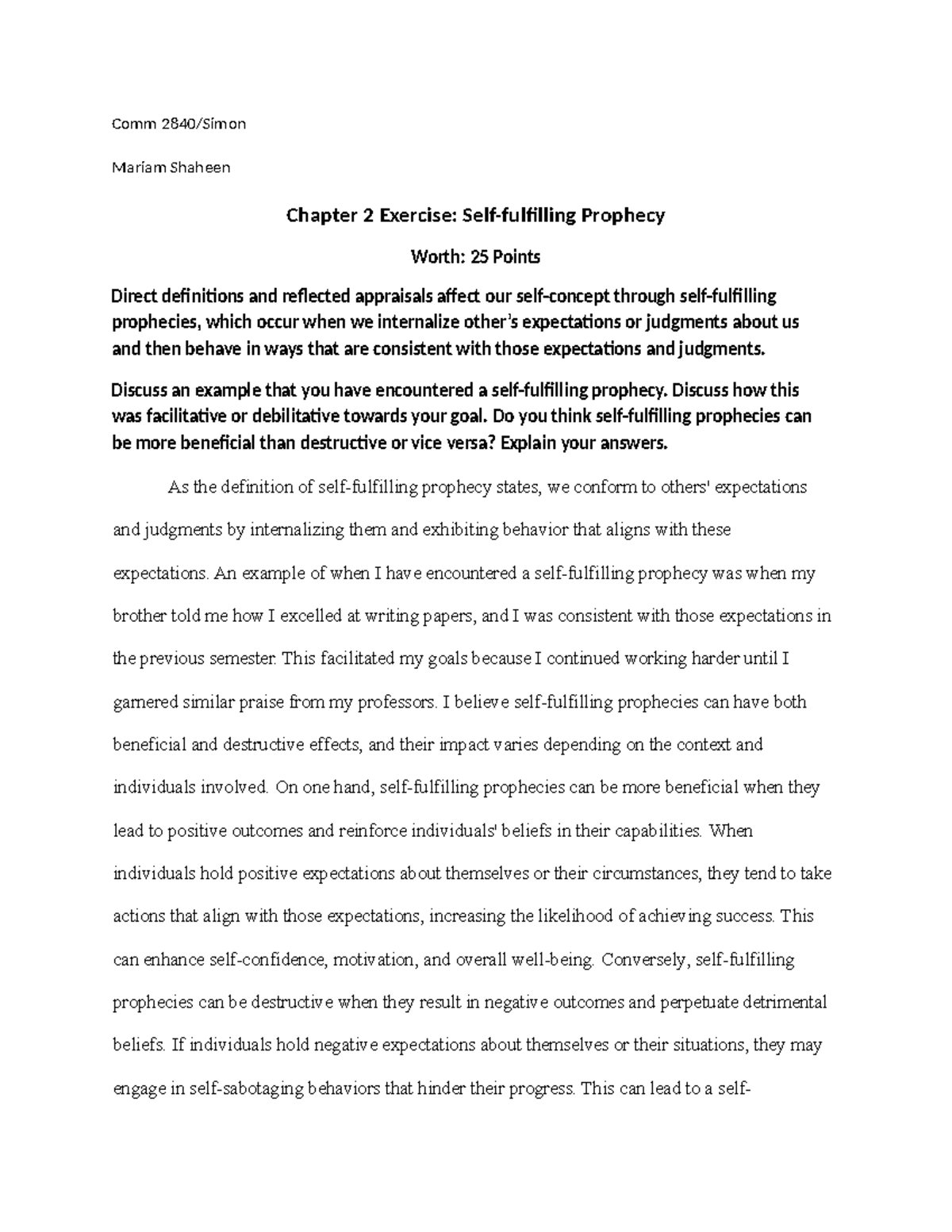 Chapter 2 Exercise Self-fulfilling Prophecy - Comm 2840/Simon Mariam ...