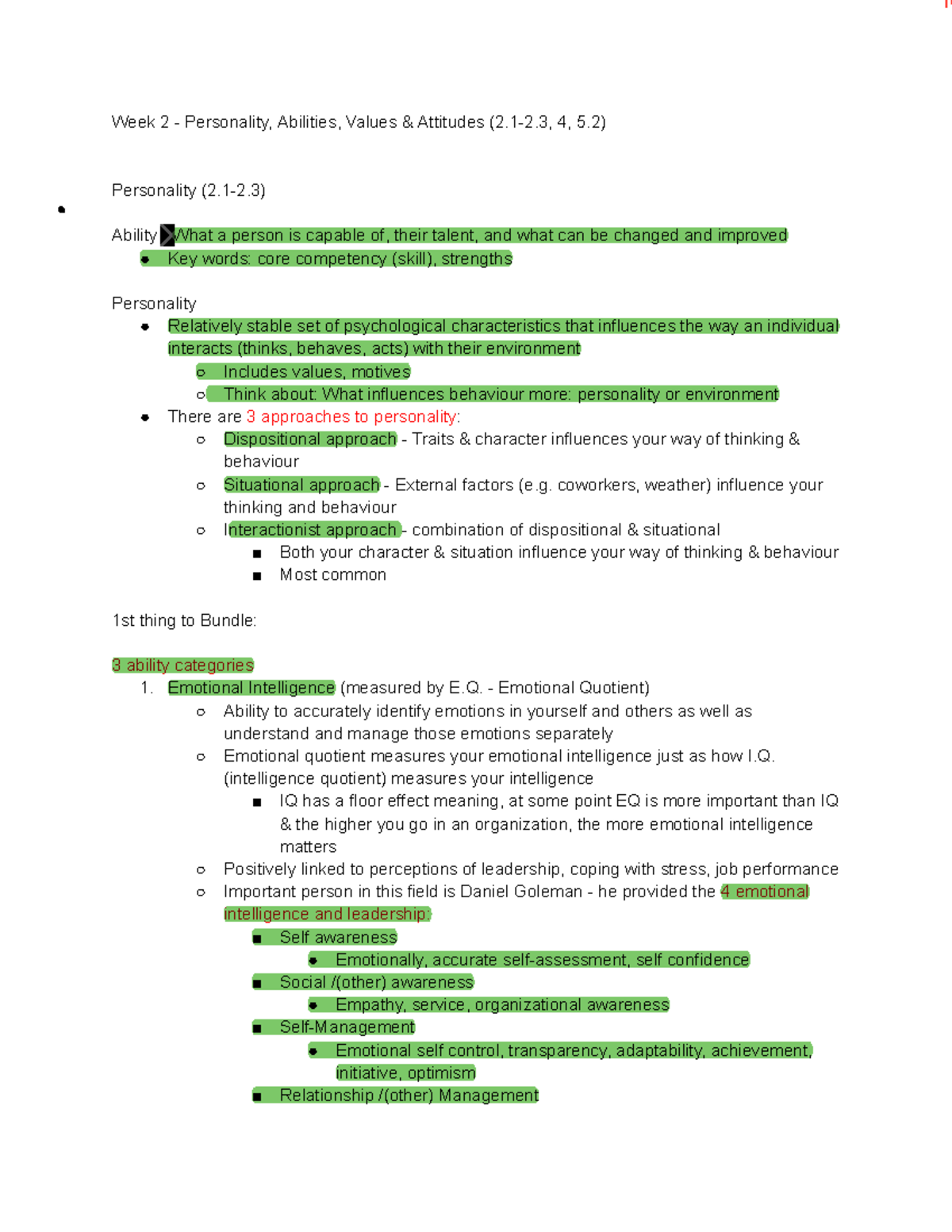 Commerce 201BA3 20 20Final 20Notes - Week 2 - Personality, Abilities ...