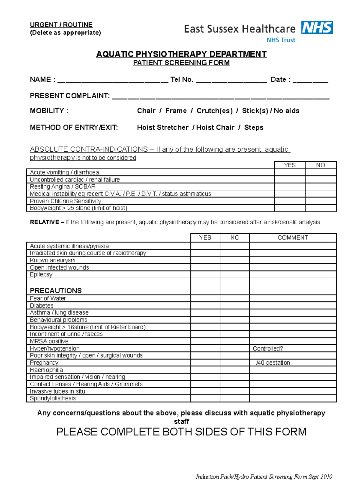 Hydro Patient Screening Form - URGENT / ROUTINE (Delete as appropriate ...