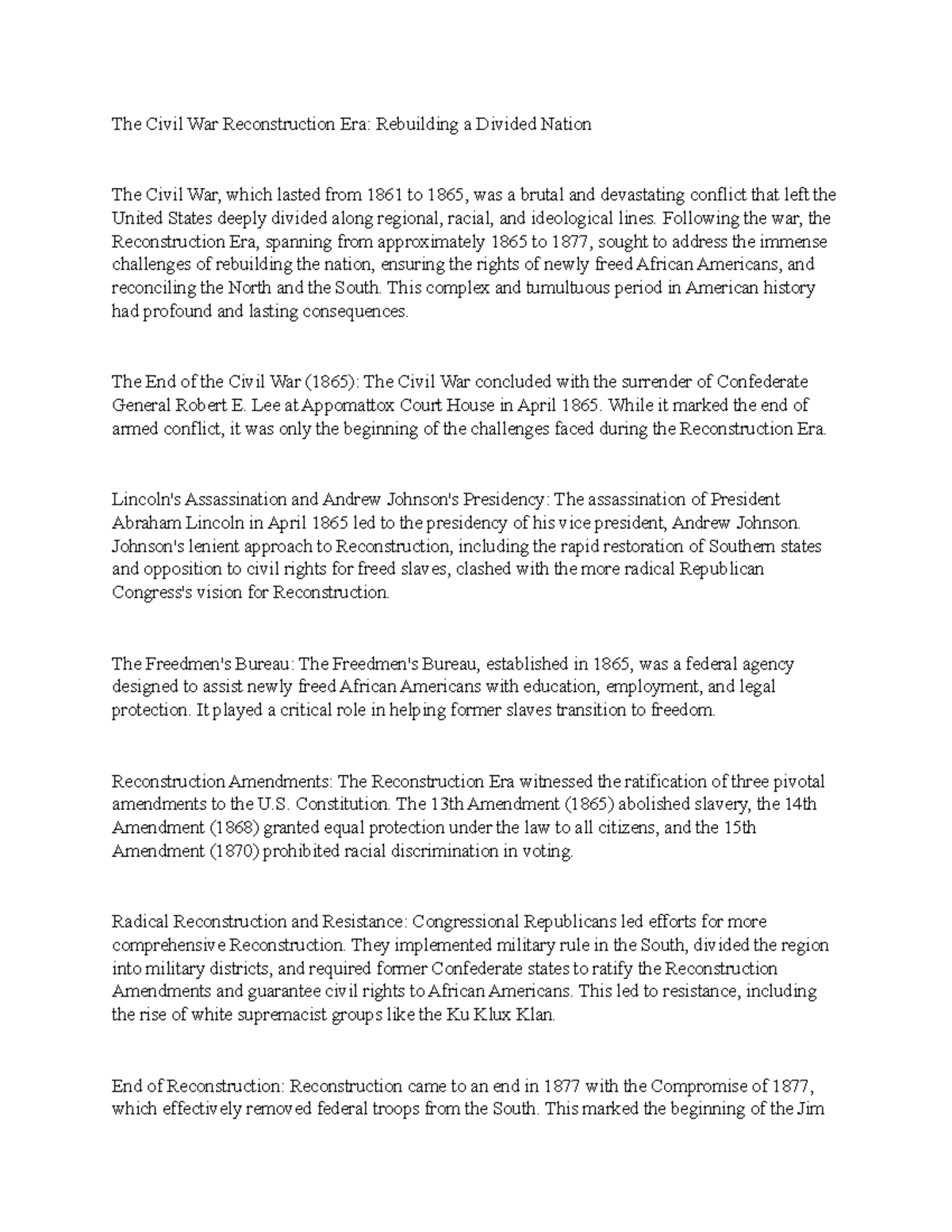 The Civil War Reconstruction Era - Following the war, the ...