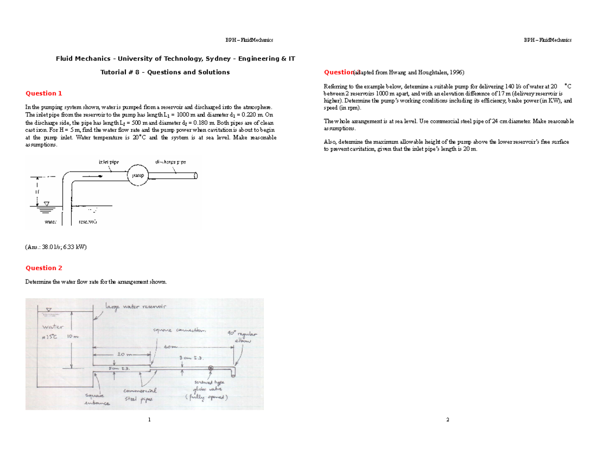 Pipe Flow - Tut8-Solns - Fluid Mechanics – University of Technology ...