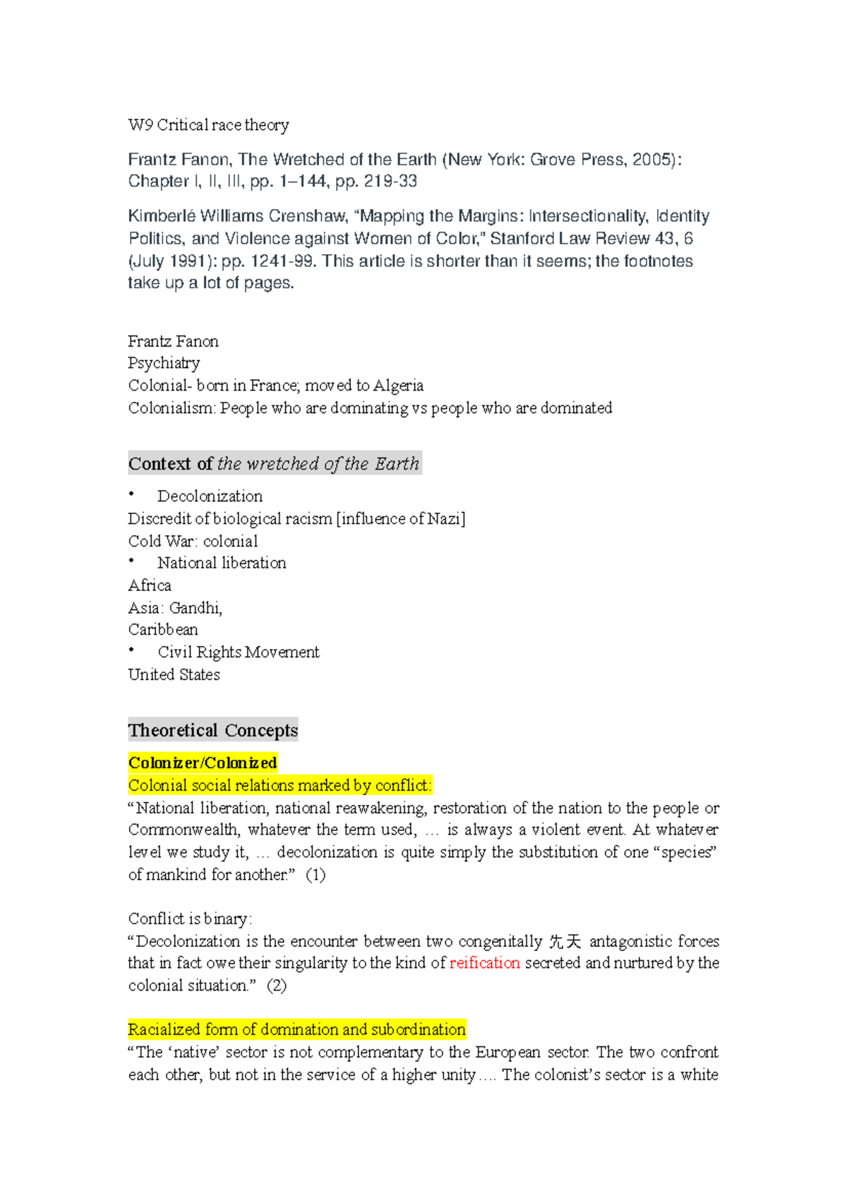 W9 Lecture notes Critical race theory - W9 Critical race theory Frantz ...