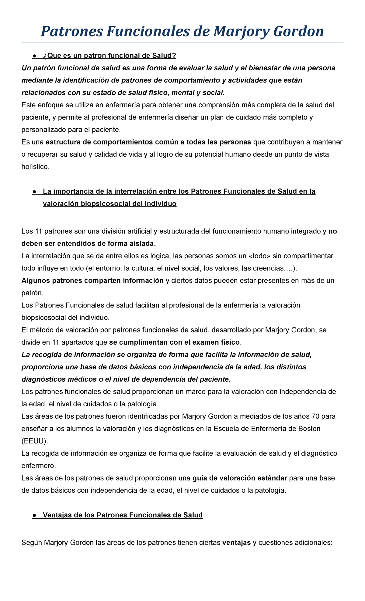 Patrones Funcionales de Marjory Gordon - Este enfoque se utiliza en ...