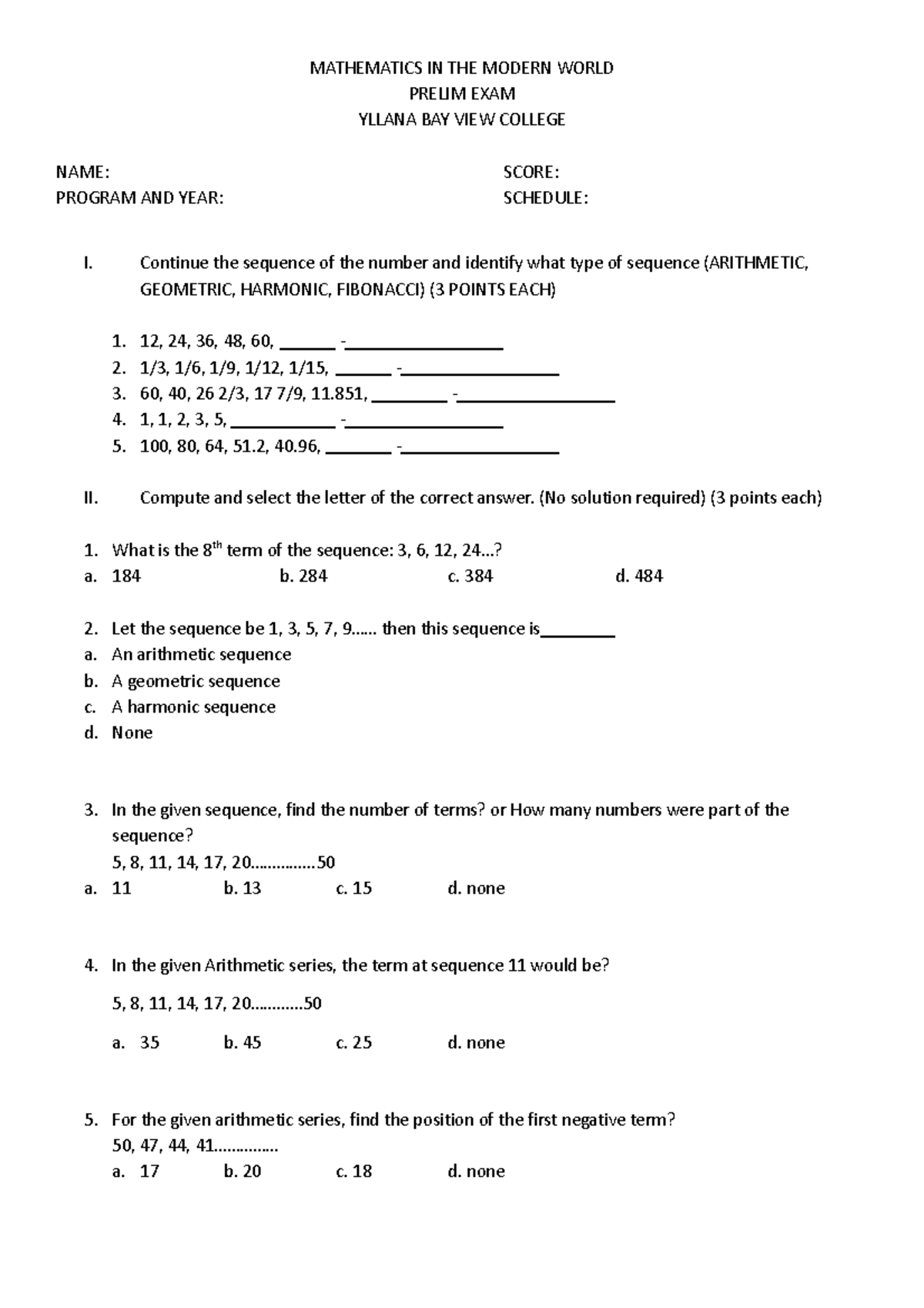 PRELIM EXAM - MATH - MATHEMATICS IN THE MODERN WORLD PRELIM EXAM YLLANA ...