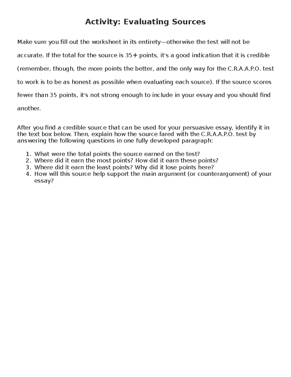 Evaluating Sources Activity - Activity: Evaluating Sources Make sure ...