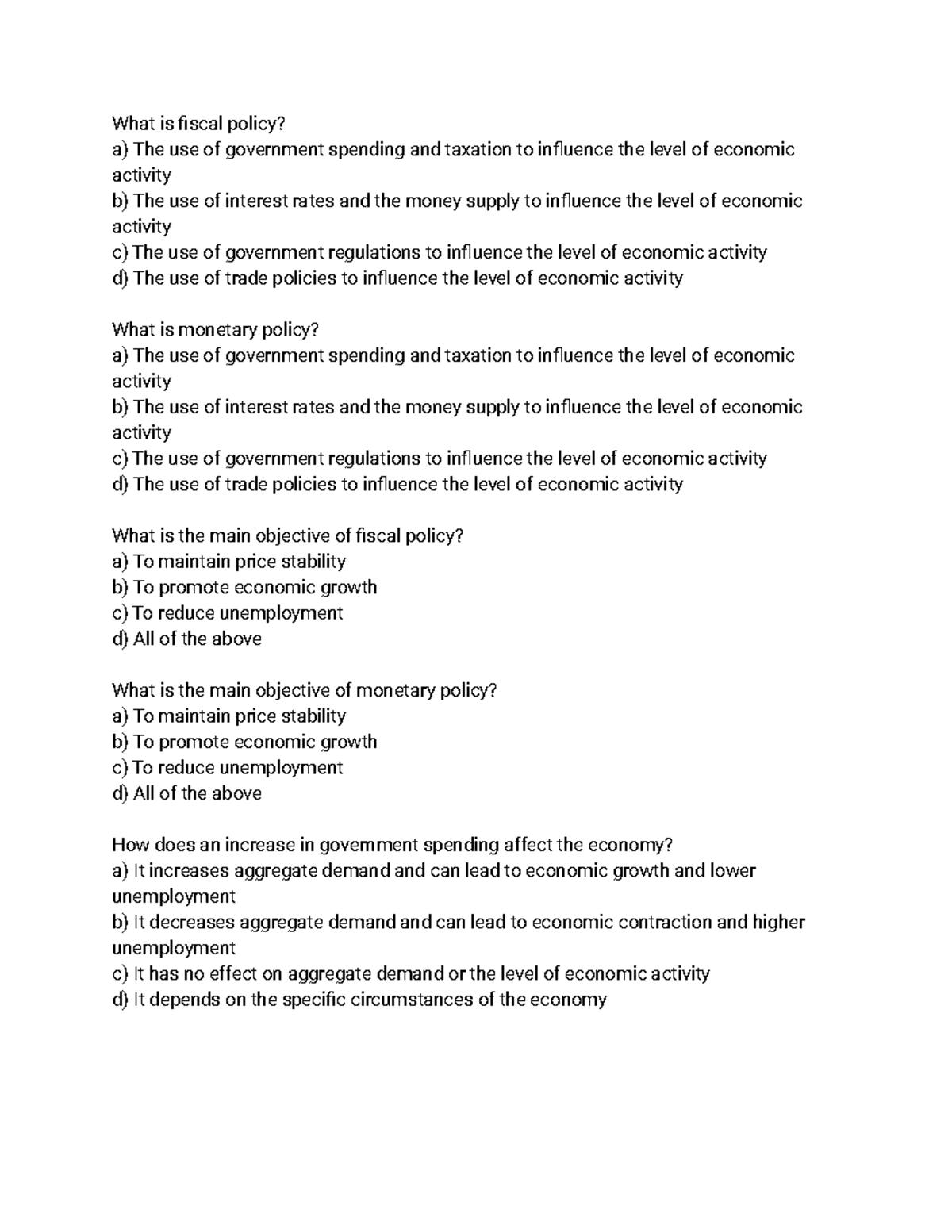 Practice quiz about fiscal and monetary policies and objectives - What ...