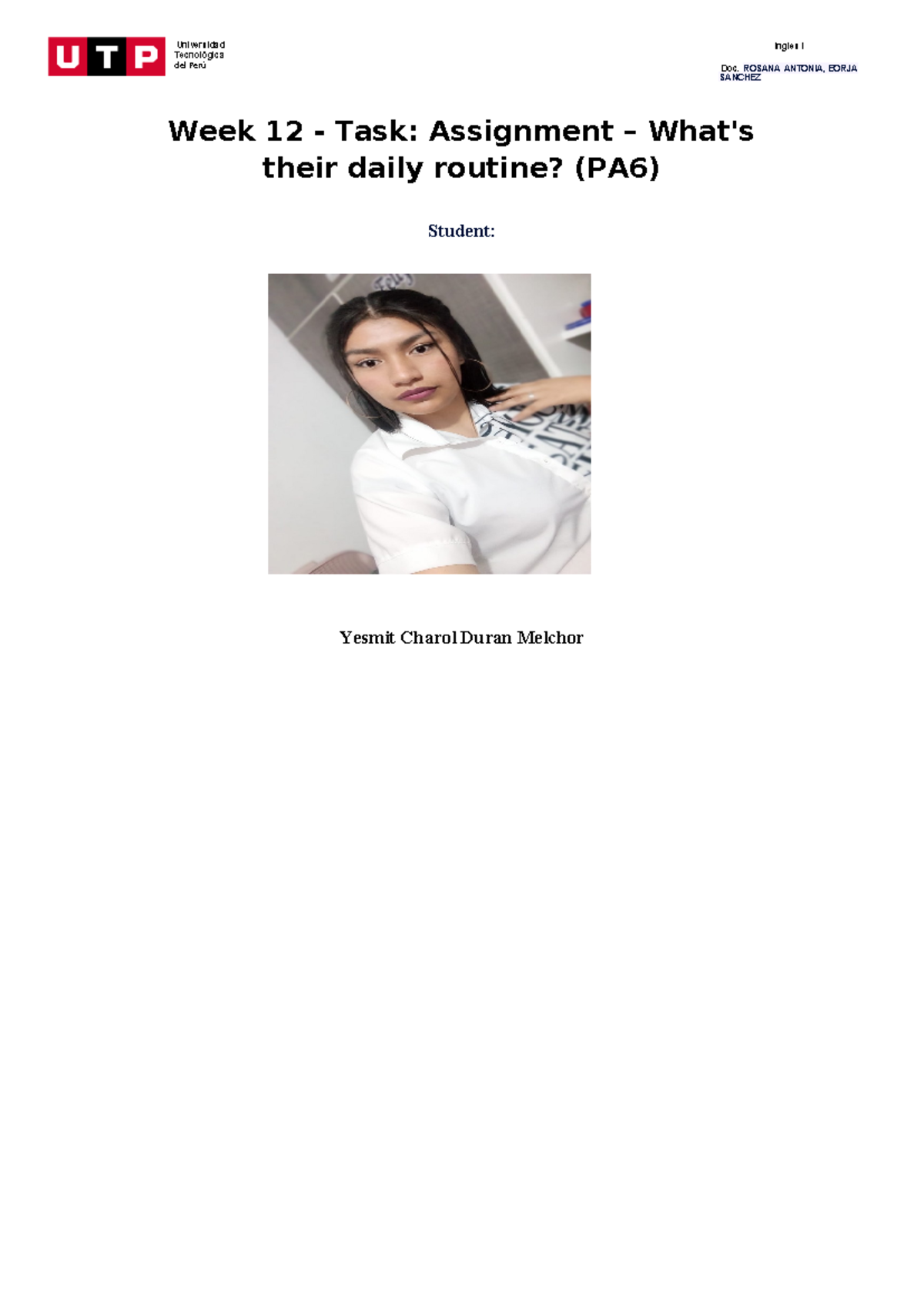 Taks 12 Yesmit Duran - DAILY ROUTINE - ingles, tarea - Ingles I Doc. ROSANA ANTONIA, BORJA ...