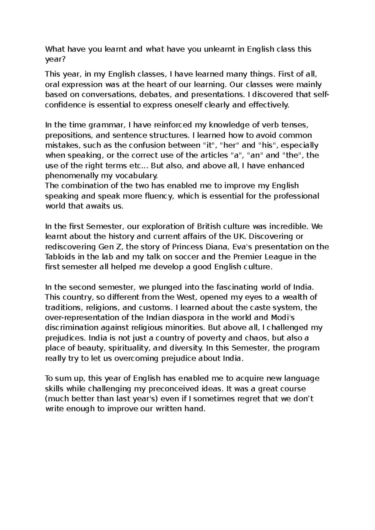 Anglais DM 2 - What have you learnt and what have you unlearnt in English class this year? This ...