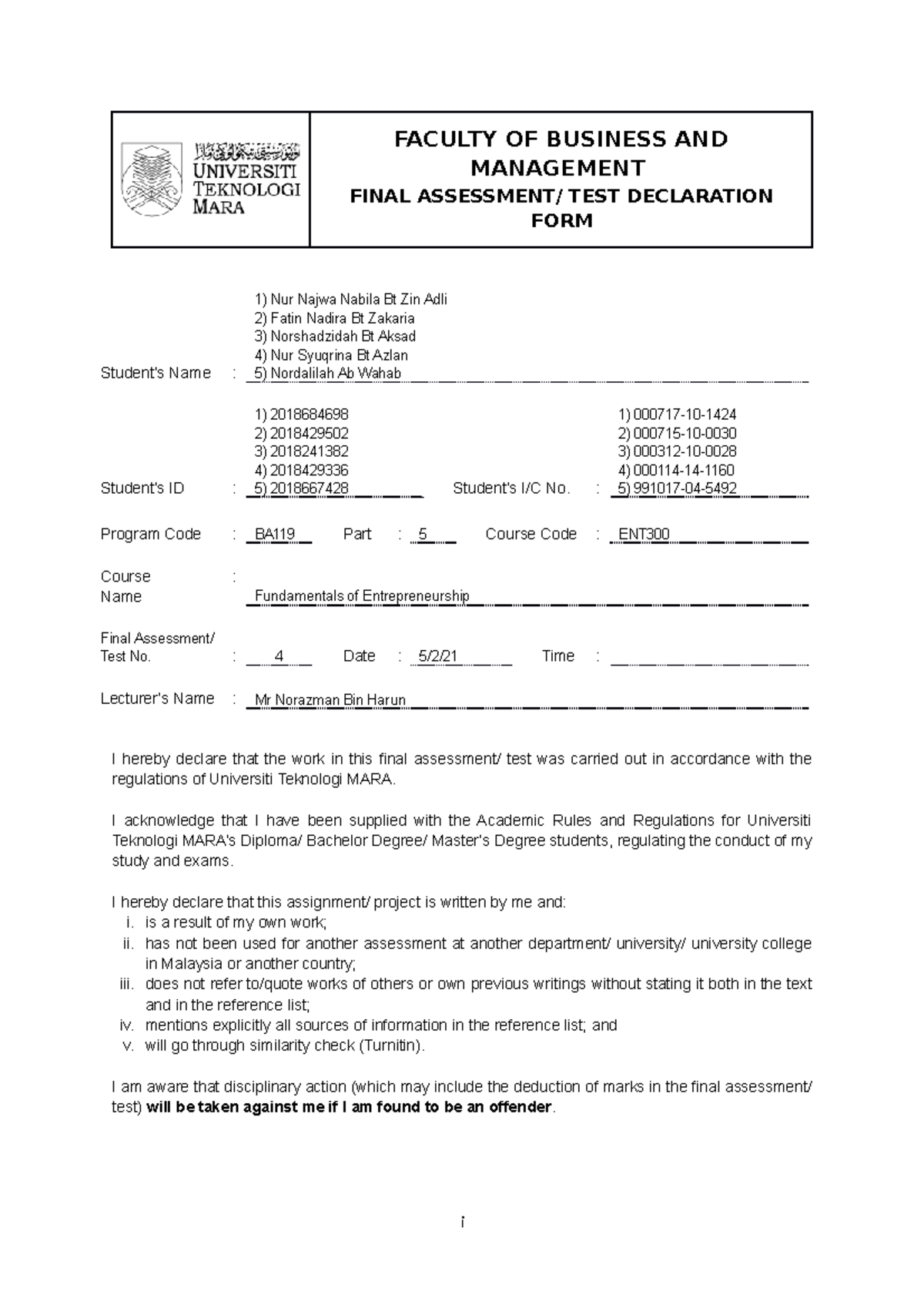 Business PLAN ENT300 - FACULTY OF BUSINESS AND MANAGEMENT FINAL ...