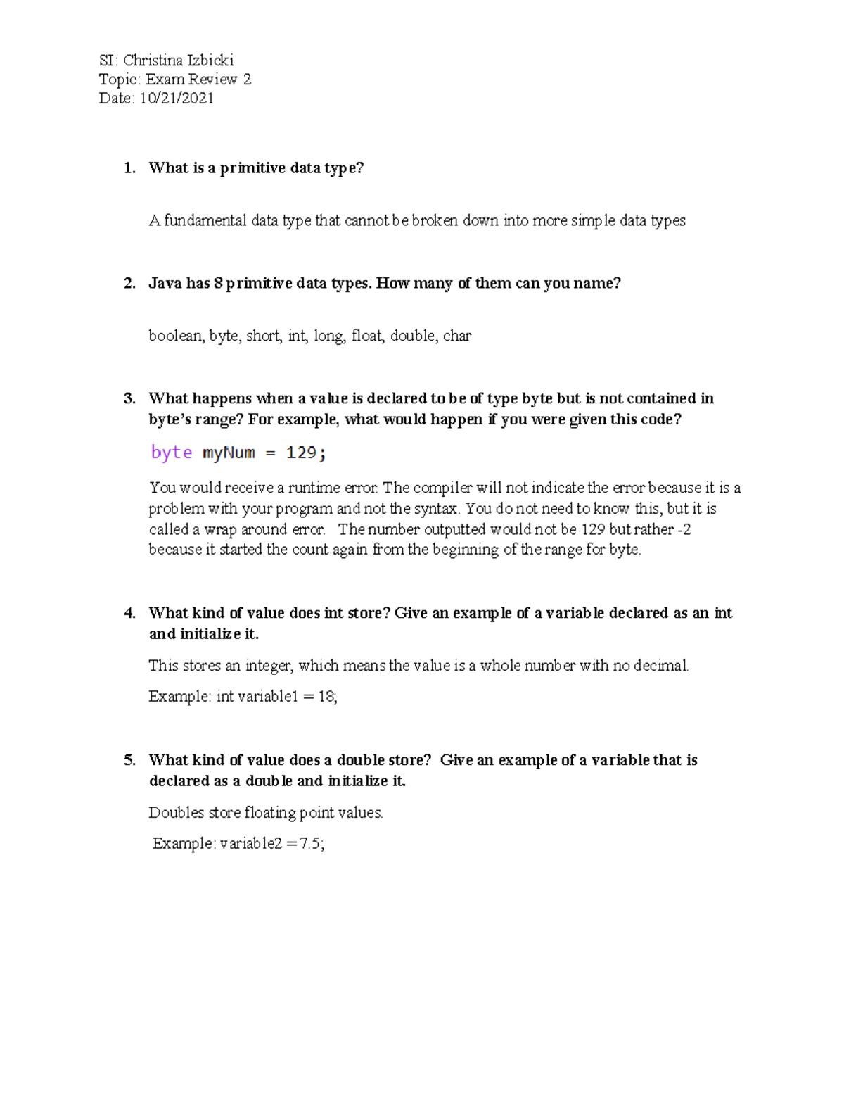 CS121-Professor Swainer-Christina Izbicki-October 21 Exam Reveiw ...