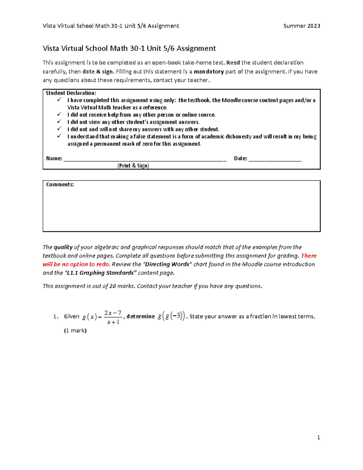 Yourfirstname lastname Assignment 56 Math 30-1 - Vista Virtual School ...