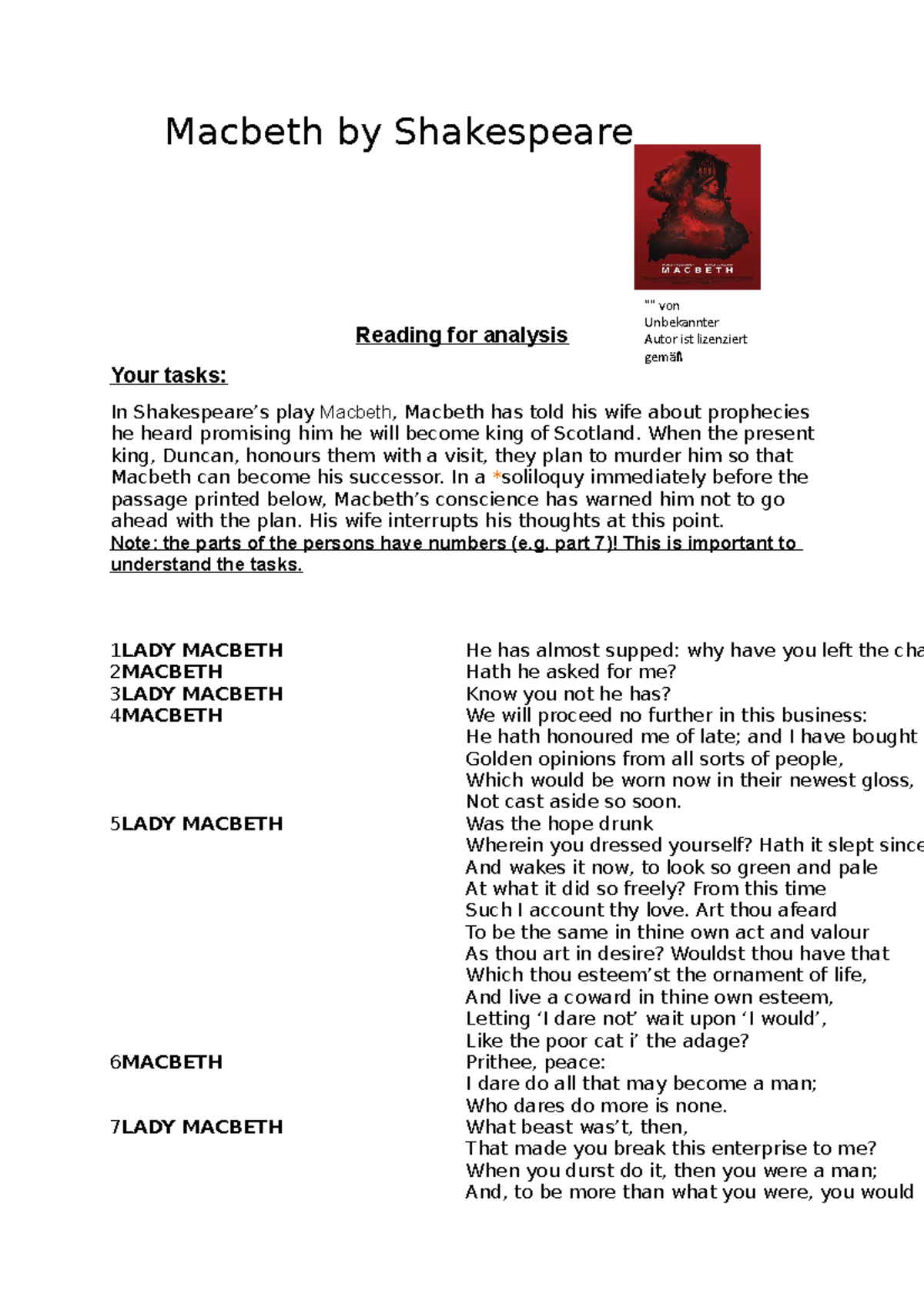 Tasks reading for analysis Macbeth - Macbeth by Shakespeare Reading for analysis Your tasks: In ...