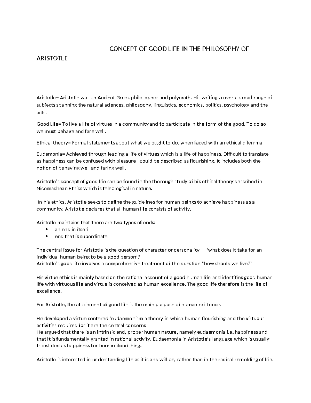 Concept OF GOOD LIFE IN THE Philosophy OF Aristotle - CONCEPT OF GOOD ...