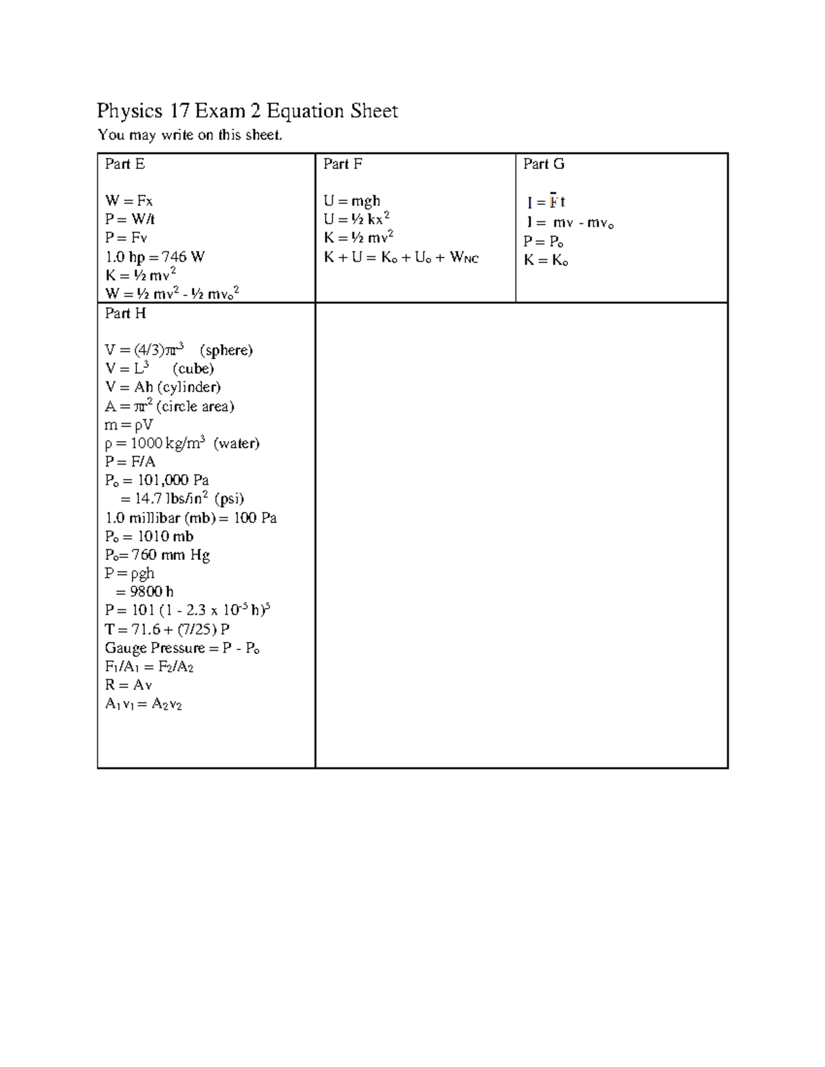 Equation Sheet Exam 2 - Physics 17 Exam 2 Equation Sheet You may write ...