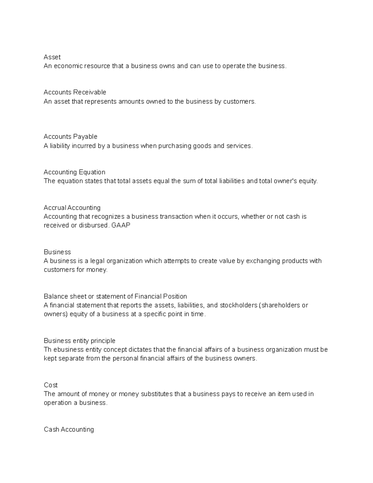 ACCT Chapter 1 - Accounting Equation The equation states that total ...