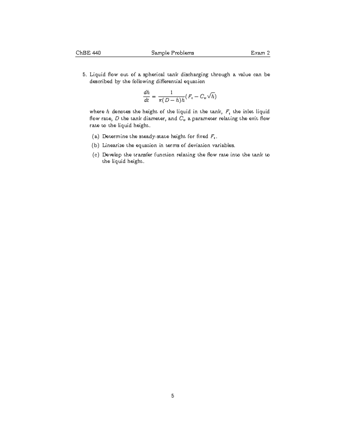 Exam2 Review Summary Process Control And Dynamics Chbe 440 Sample Problems Exam 2 Liquid