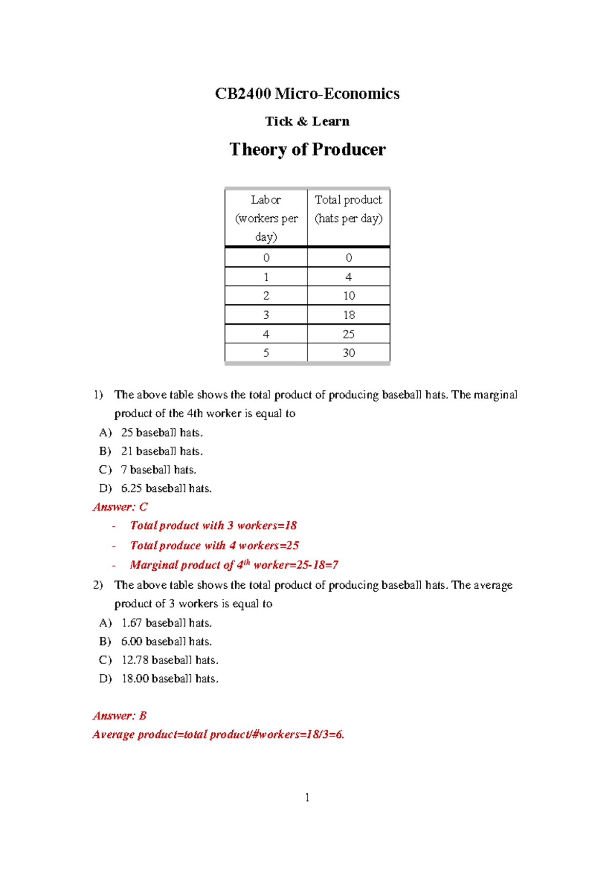 (05) CB2400 Tick & Learn Theory OF Producer Answers With More Details - CB2400 Micro-Economics ...