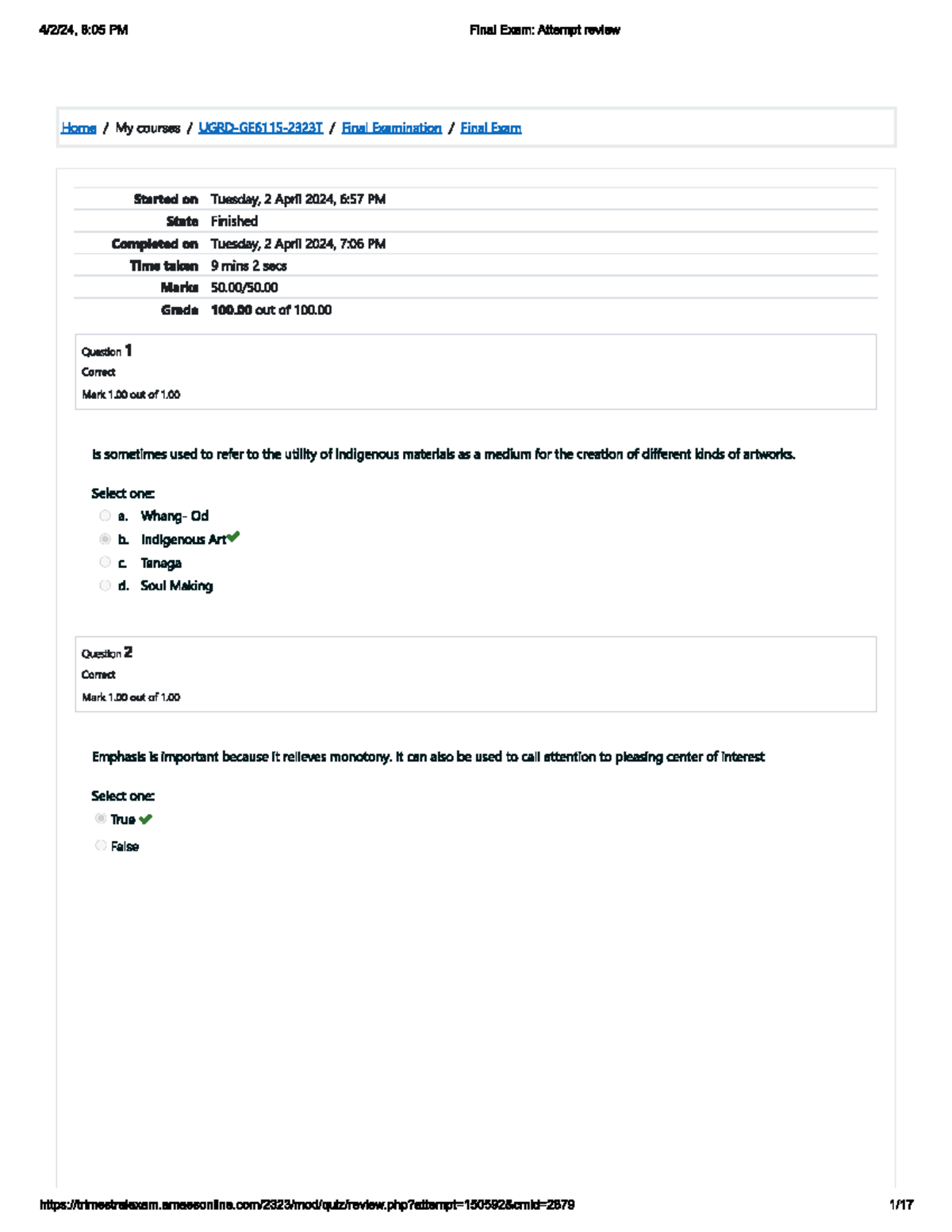 Final Exam Perfect UGRD GE6115 - Art Appreciation - Studocu