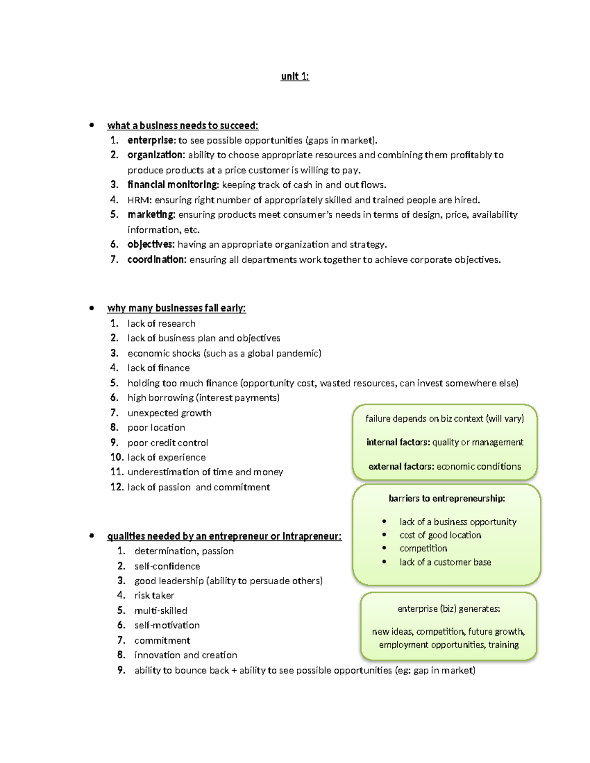 Unit 1 asa2 - unit 1: what a business needs to succeed: enterprise: to ...