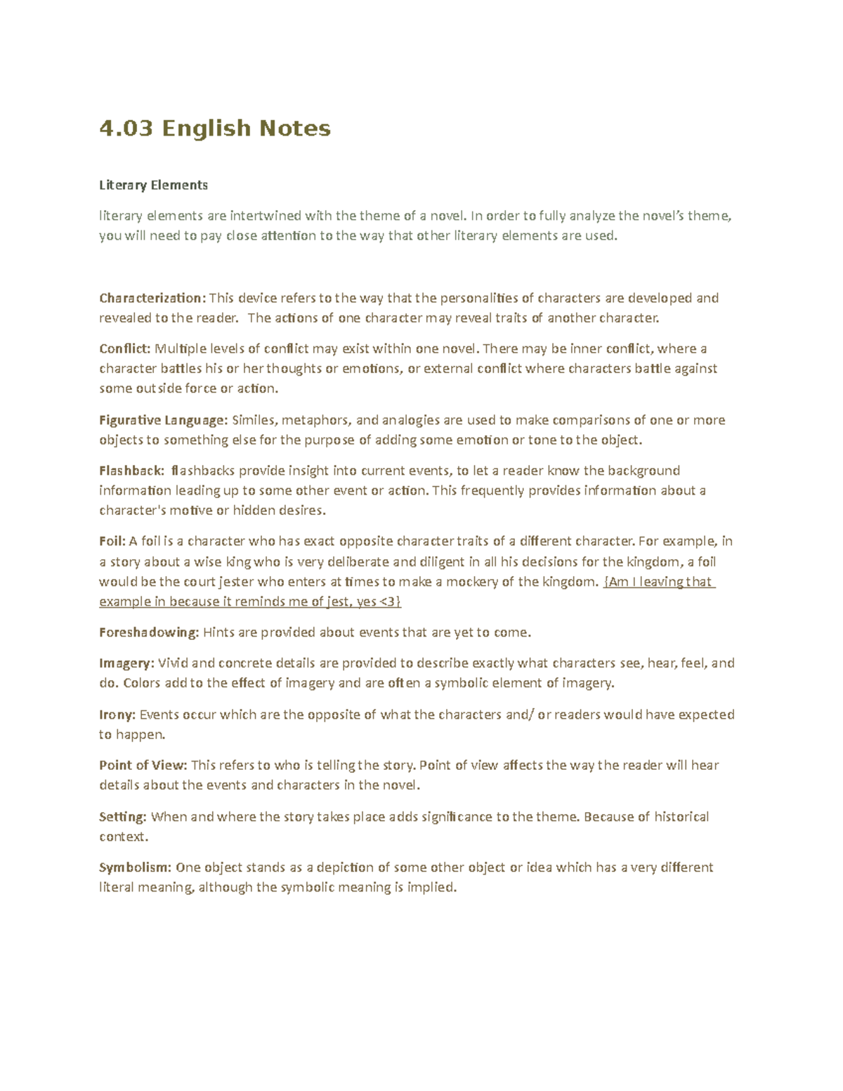 4.03 English 3 notes - 4 English Notes Literary Elements literary ...