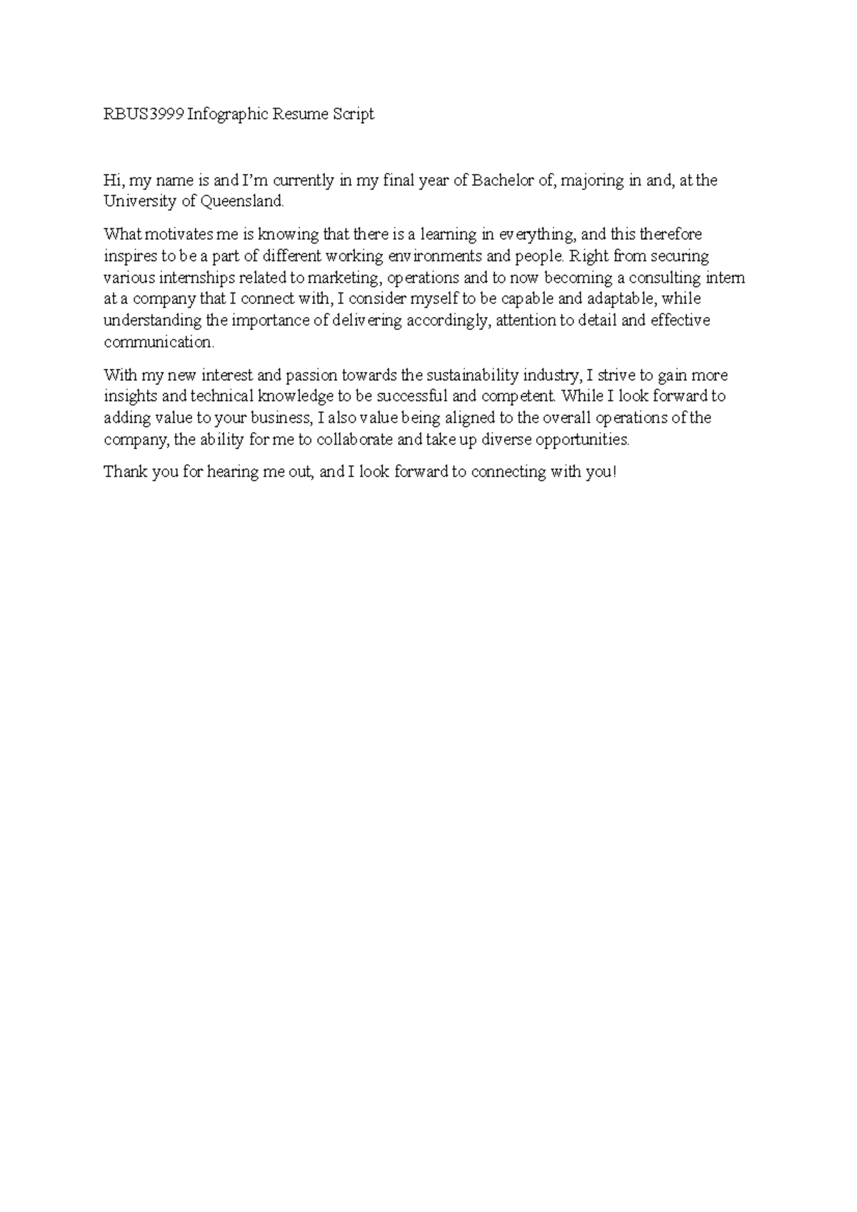 Rbus3999 script - RBUS3999 Infographic Resume Script Hi, my name is and ...