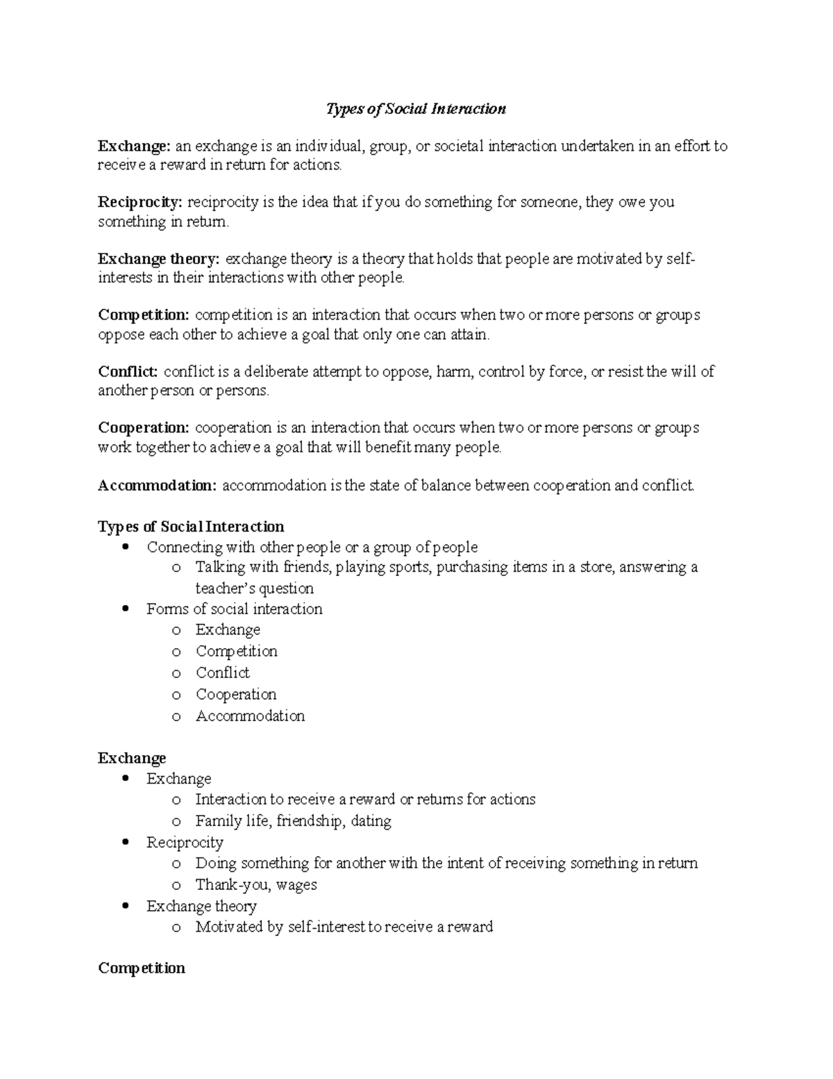 Sociology - Notes - Types of Social Interaction Exchange: an exchange ...