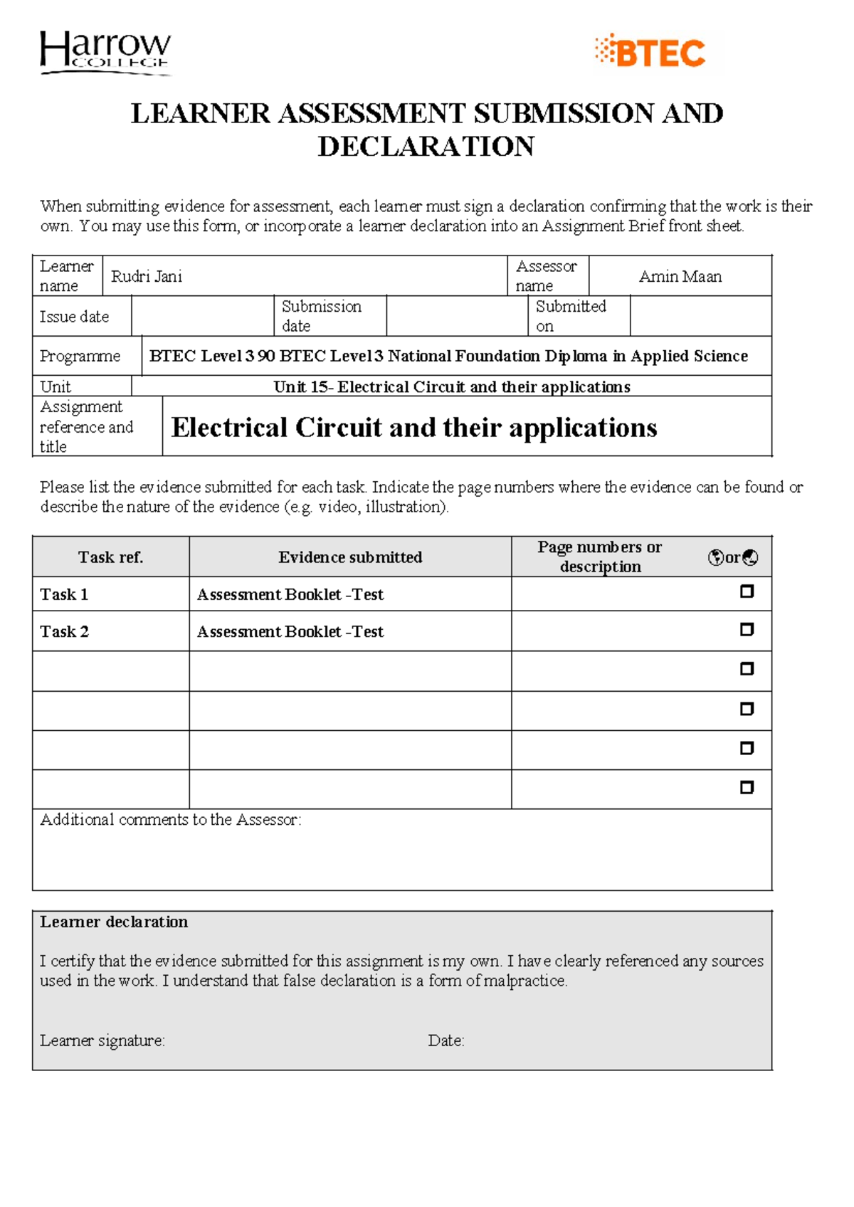 Assignment 1 Unit 15 Test 1 - LEARNER ASSESSMENT SUBMISSION AND ...