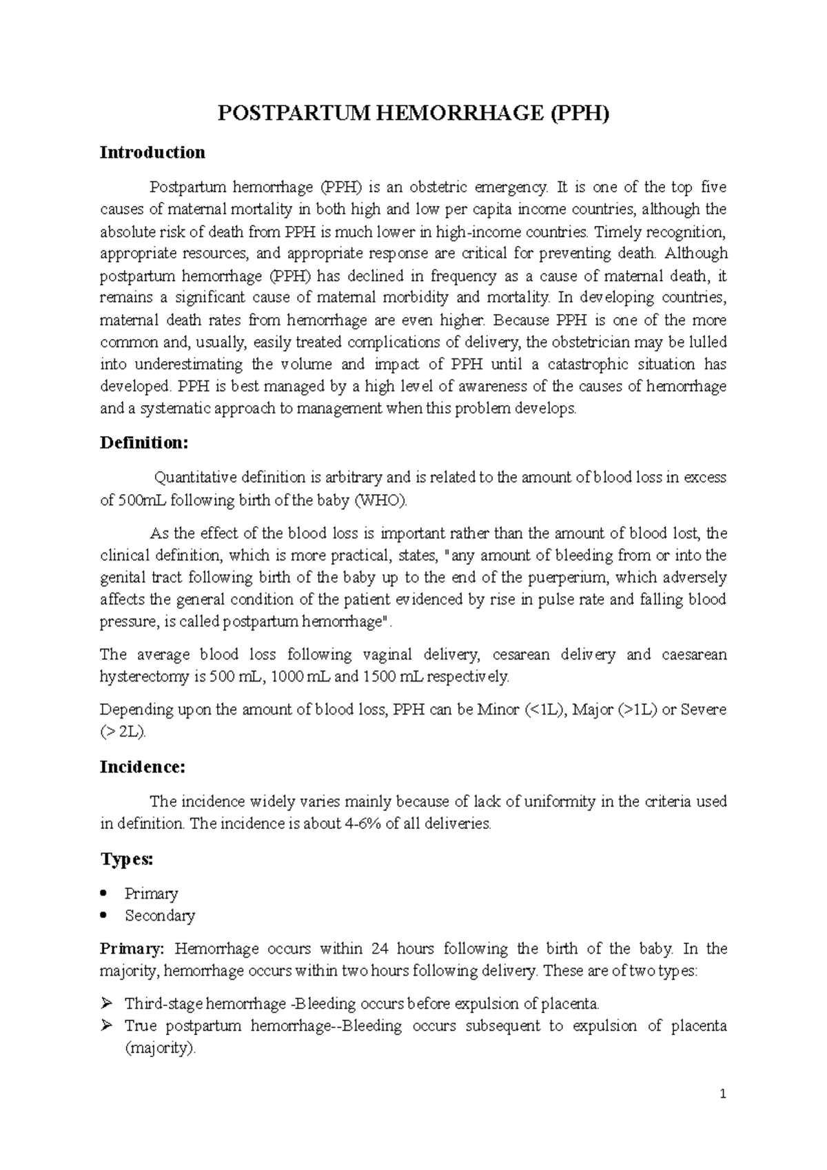 Postpartum Hemorrhage - POSTPARTUM HEMORRHAGE (PPH) Introduction ...