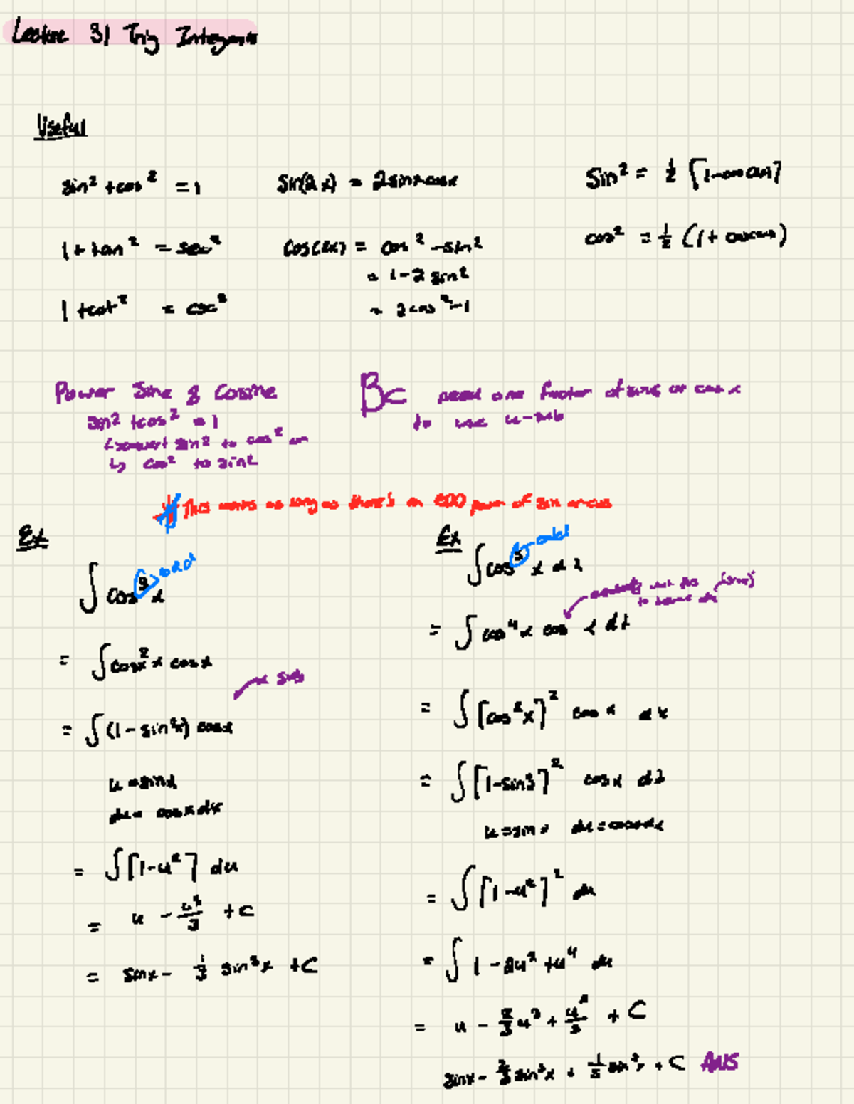 MATH 1A03 MY Notes - trig integrals - Lecture 31 Trig Integrals Useful ...